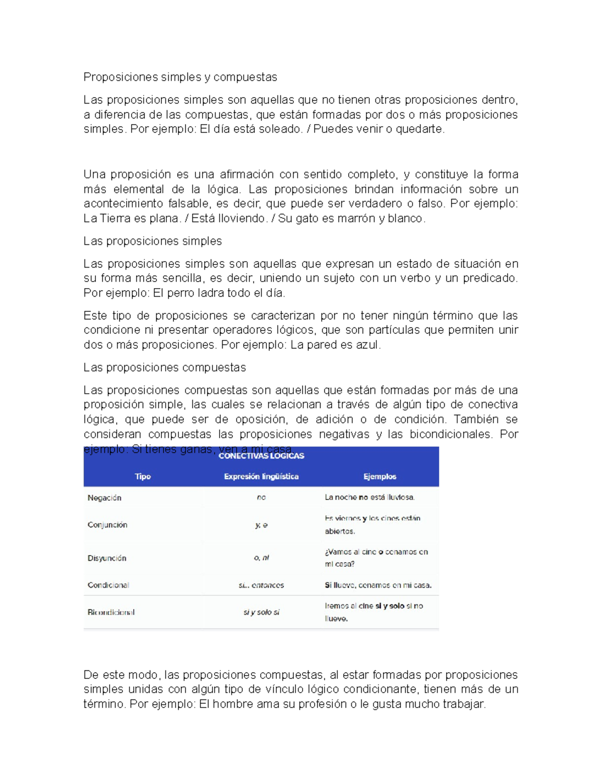 Proposiciones simples y compuestas - Por ejemplo: El día está soleado ...
