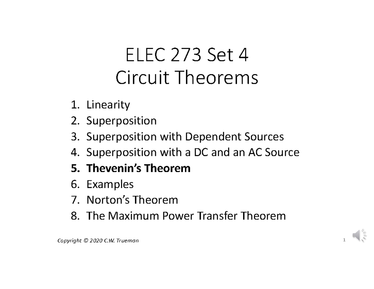 4 5 Thevenins Theorem - chapter 4 - ELEC 273 Set 4 Circuit Theorems 1. Linearity 2 ...