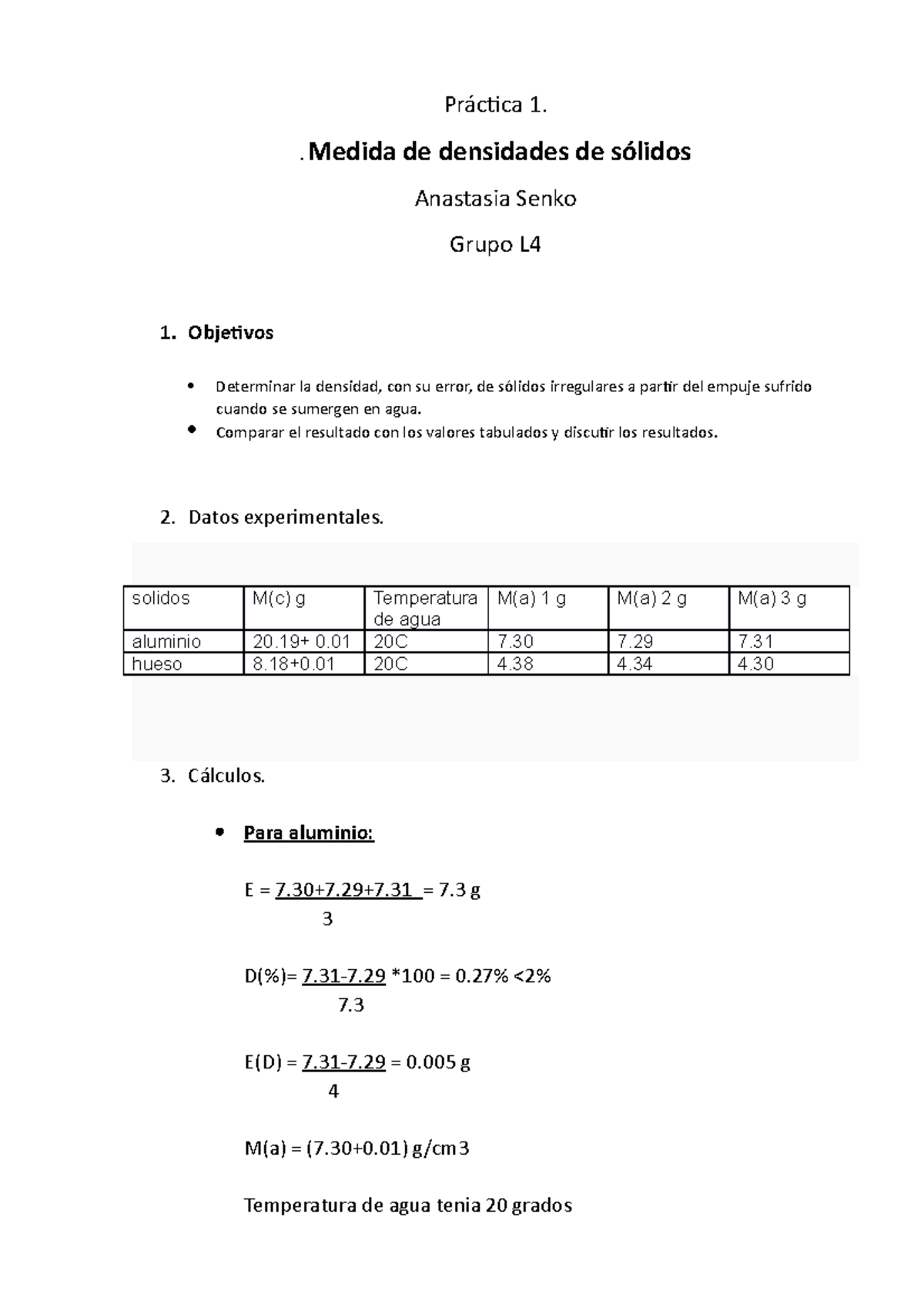 Práctica 1 - practicas de fisica - Práctica 1. . Medida de densidades ...