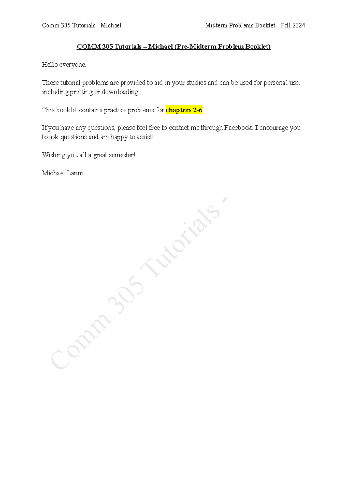 Pre Midterm Problem Booklet - Comm 305 Michael - COMM 305 Tutorials – Michael (Pre-Midterm ...