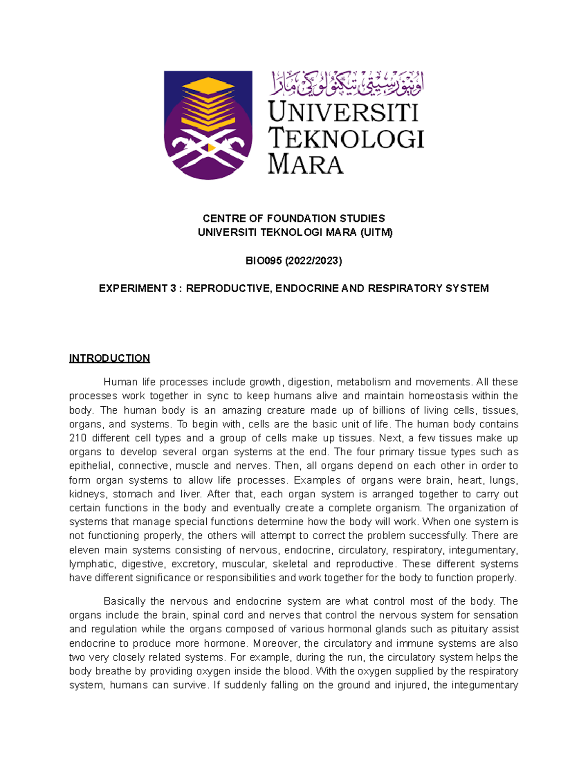 Bio Exp 3 G4 - Biology experiments - CENTRE OF FOUNDATION STUDIES UNIVERSITI TEKNOLOGI MARA ...