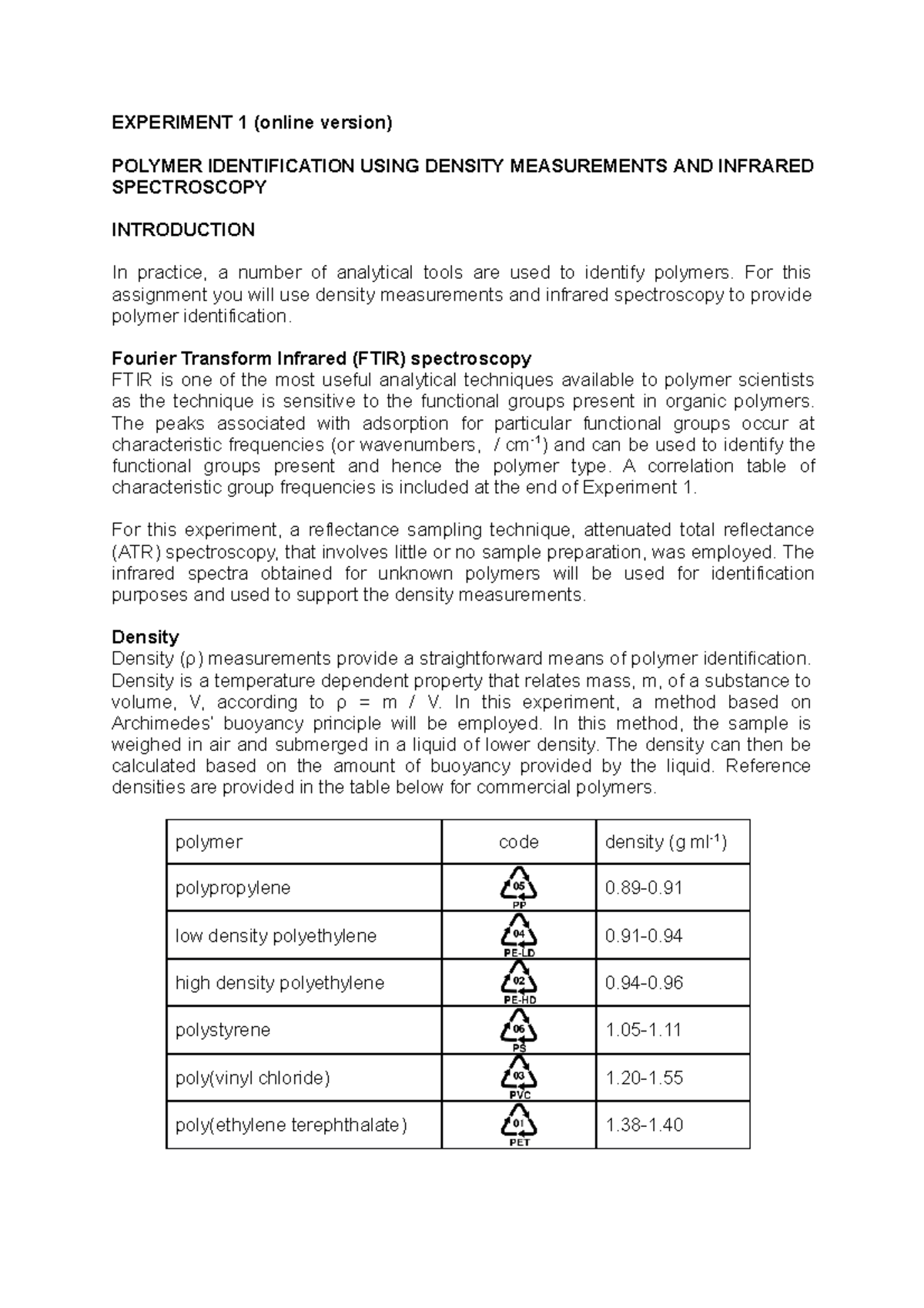 67305 Polymer Science - Experiment 1 - Online - EXPERIMENT 1 (online ...