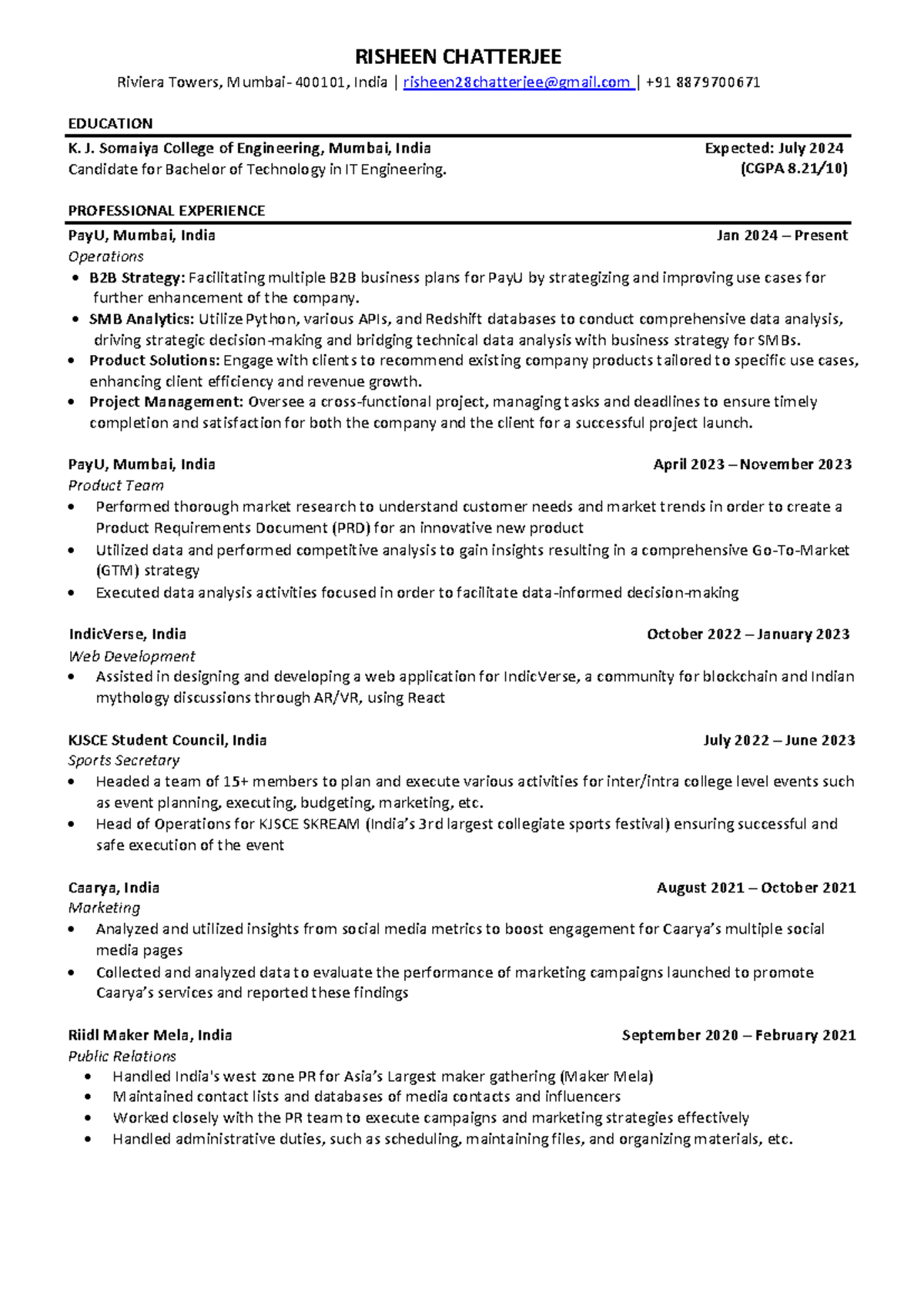 resume sample that can be used to derive insights and create a resume ...