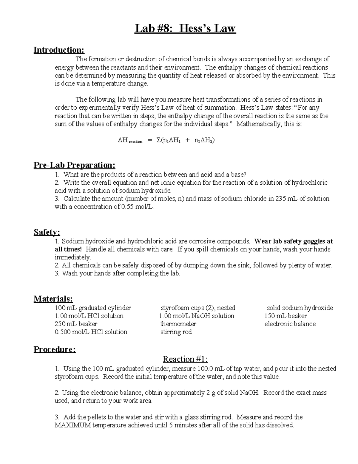 4U Lab 08 - Hess's law lab report - Lab #8: Hess’s Law Introduction ...