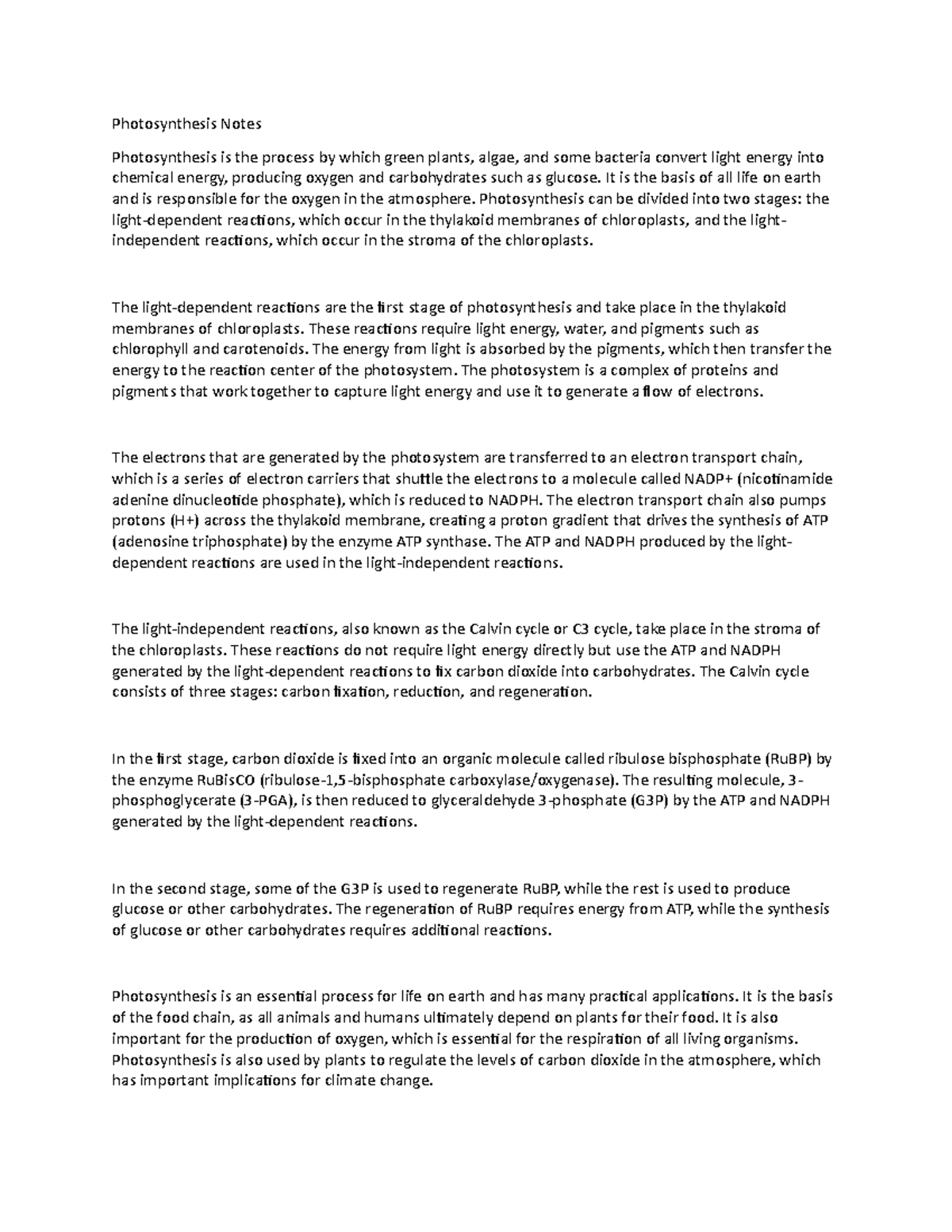 Photosynthesis Notes - Photosynthesis Notes Photosynthesis is the ...