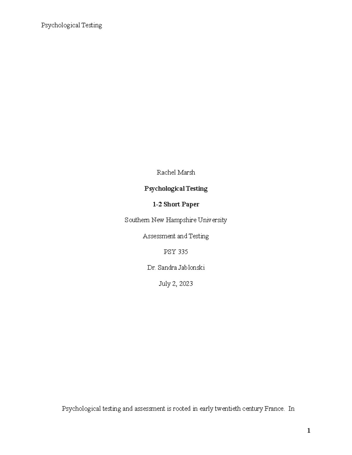 1-2 Short Paper PSY 335 - PSY 335 - SNHU - Studocu