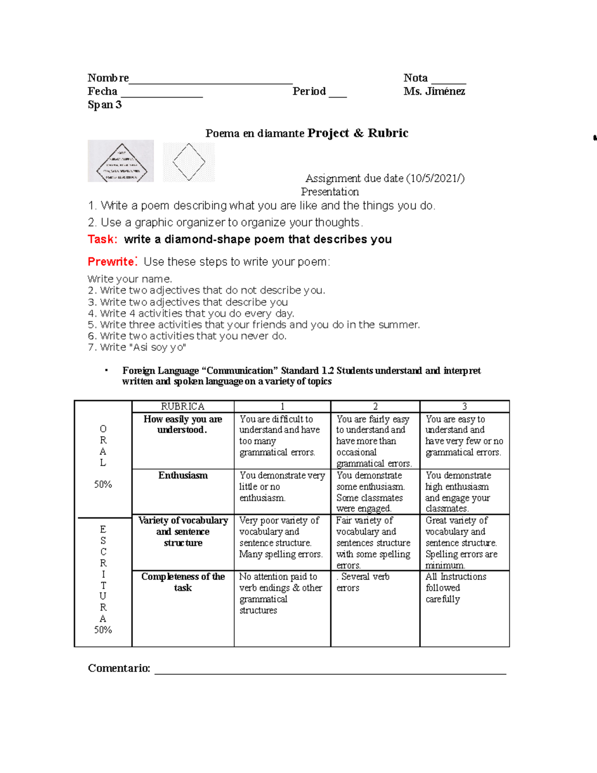 - Project and Rubric Poema en diamante - Nombre ...