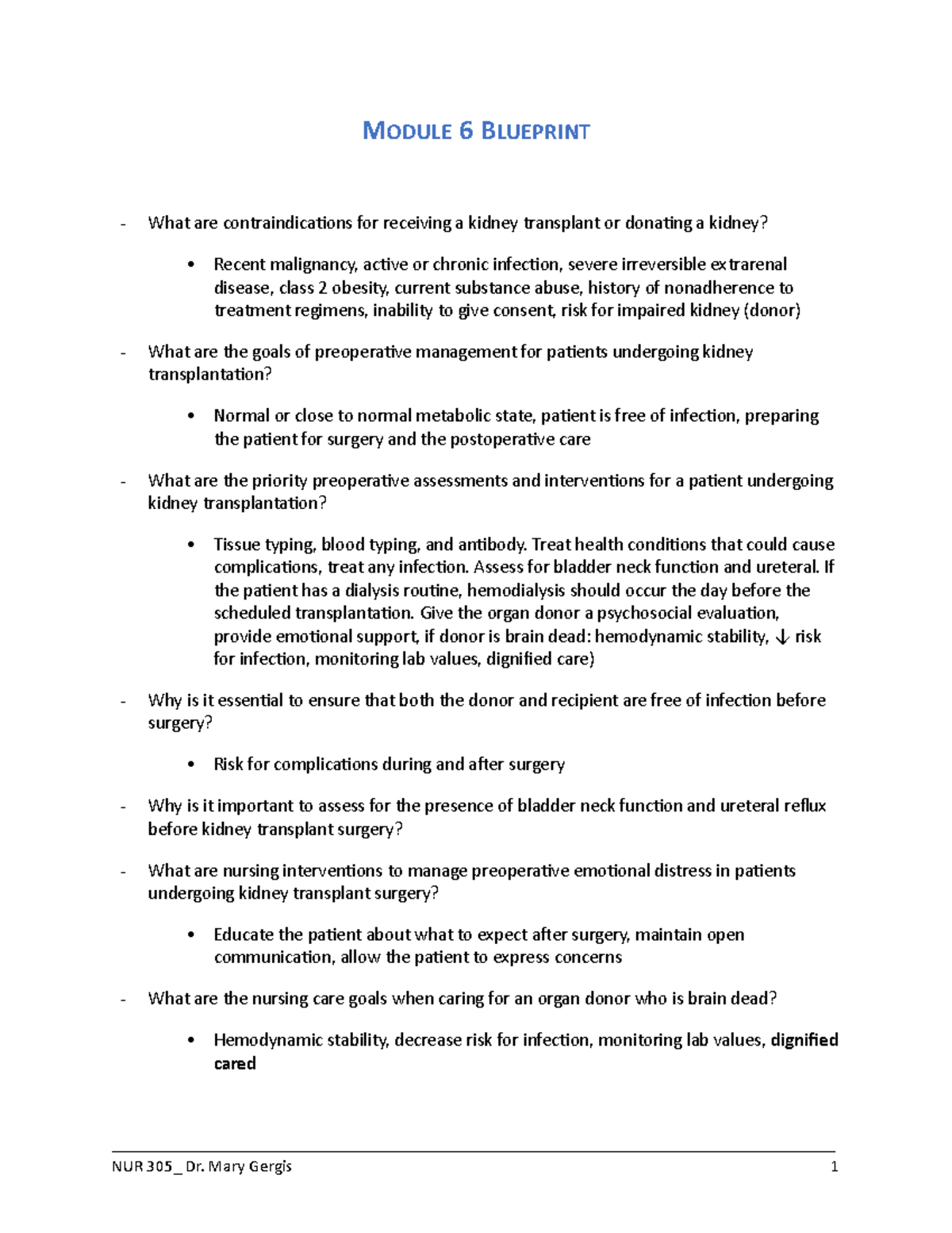 Module 6 Blueprint - NUR 305_ Dr. Mary Gergis 1 MODULE 6 BLUEPRINT What ...