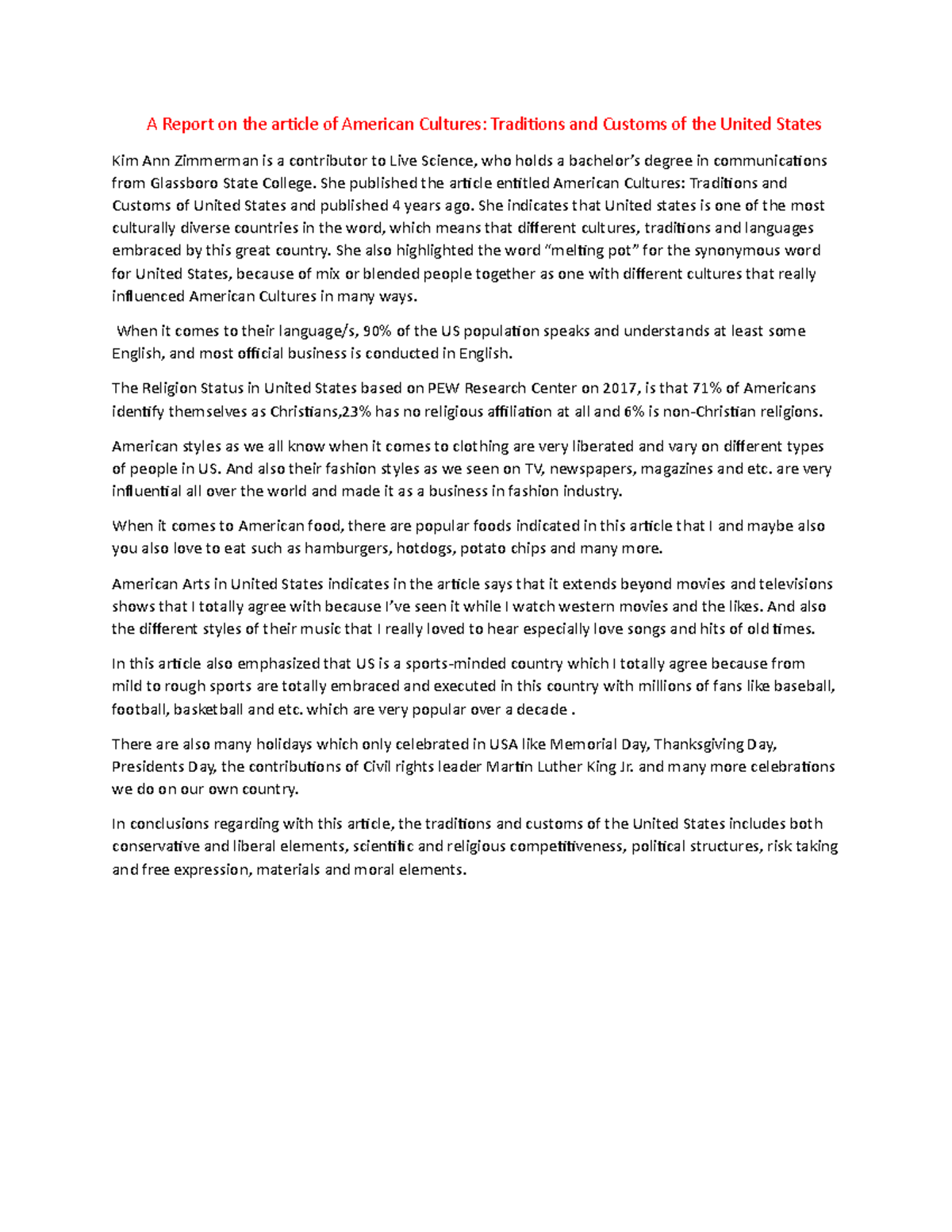 A Report on the article of American Cultures - She published the ...