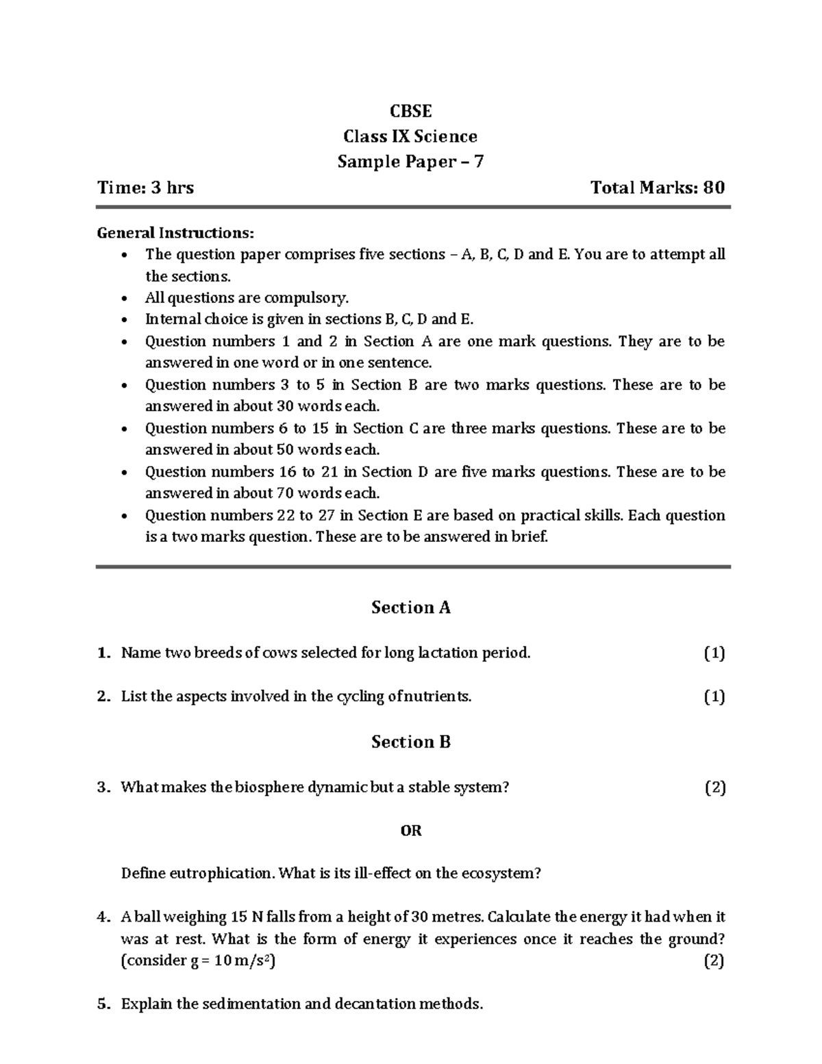 Sample Paper – 7 - CBSE Class IX Science Sample Paper – 7 Time: 3 hrs ...
