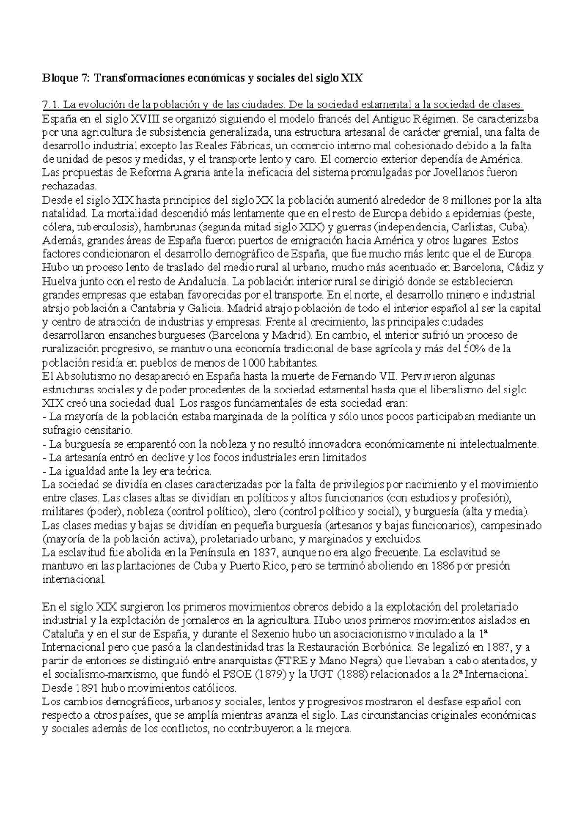 Bloque 7 Hª España - Bloque 7: Transformaciones económicas y sociales del siglo XIX 7. La ...