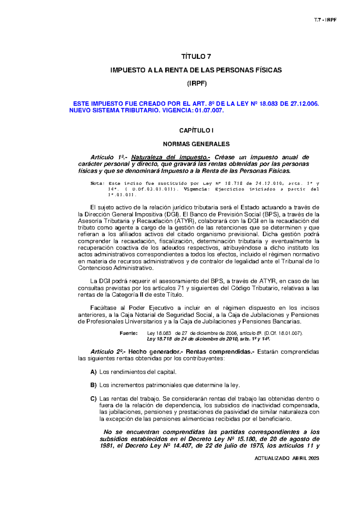 7-1996 - apuntes - TÍTULO 7 IMPUESTO A LA RENTA DE LAS PERSONAS FÍSICAS ...