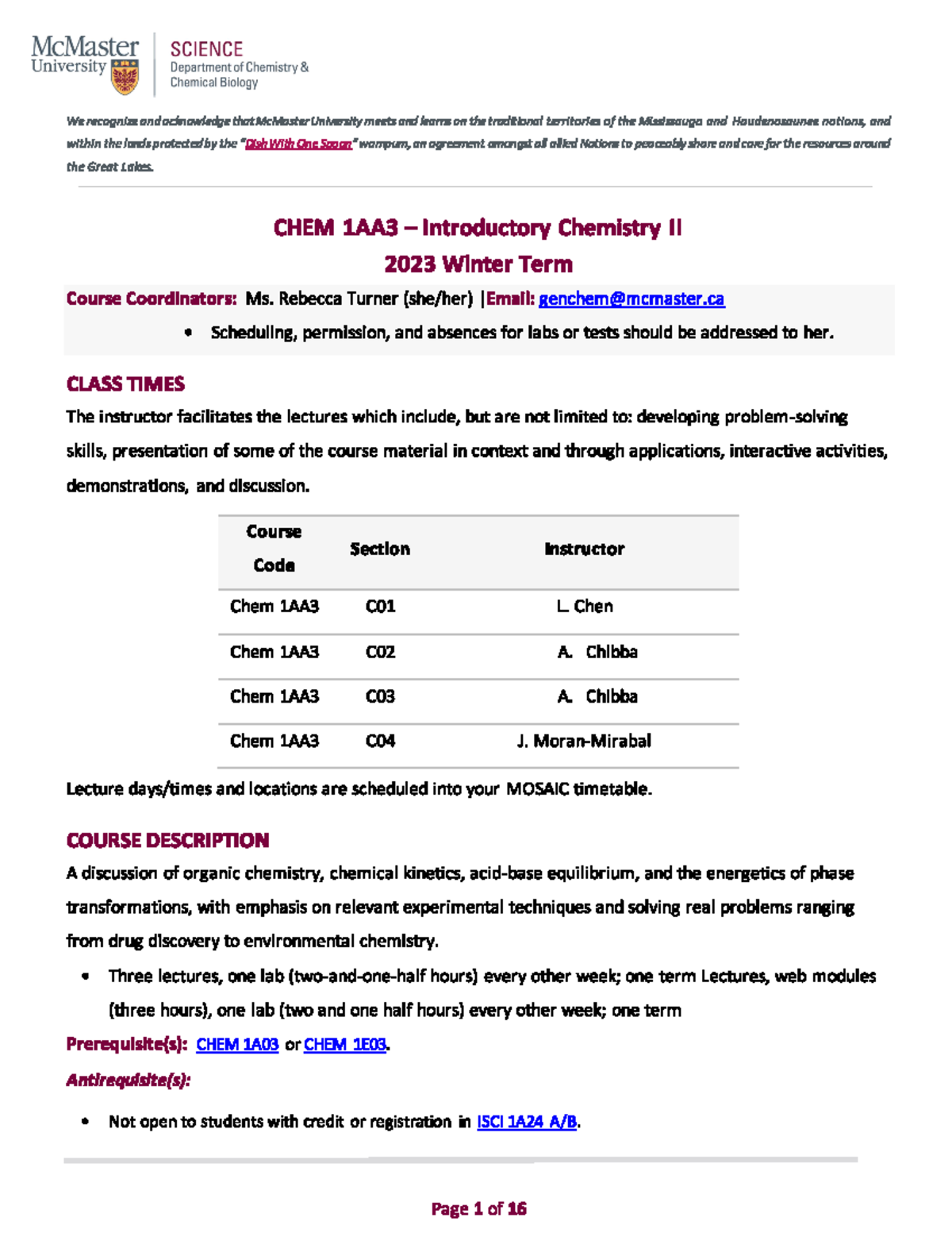 Chem 1aa3 course outline - Chem 2Ob3 - Studocu