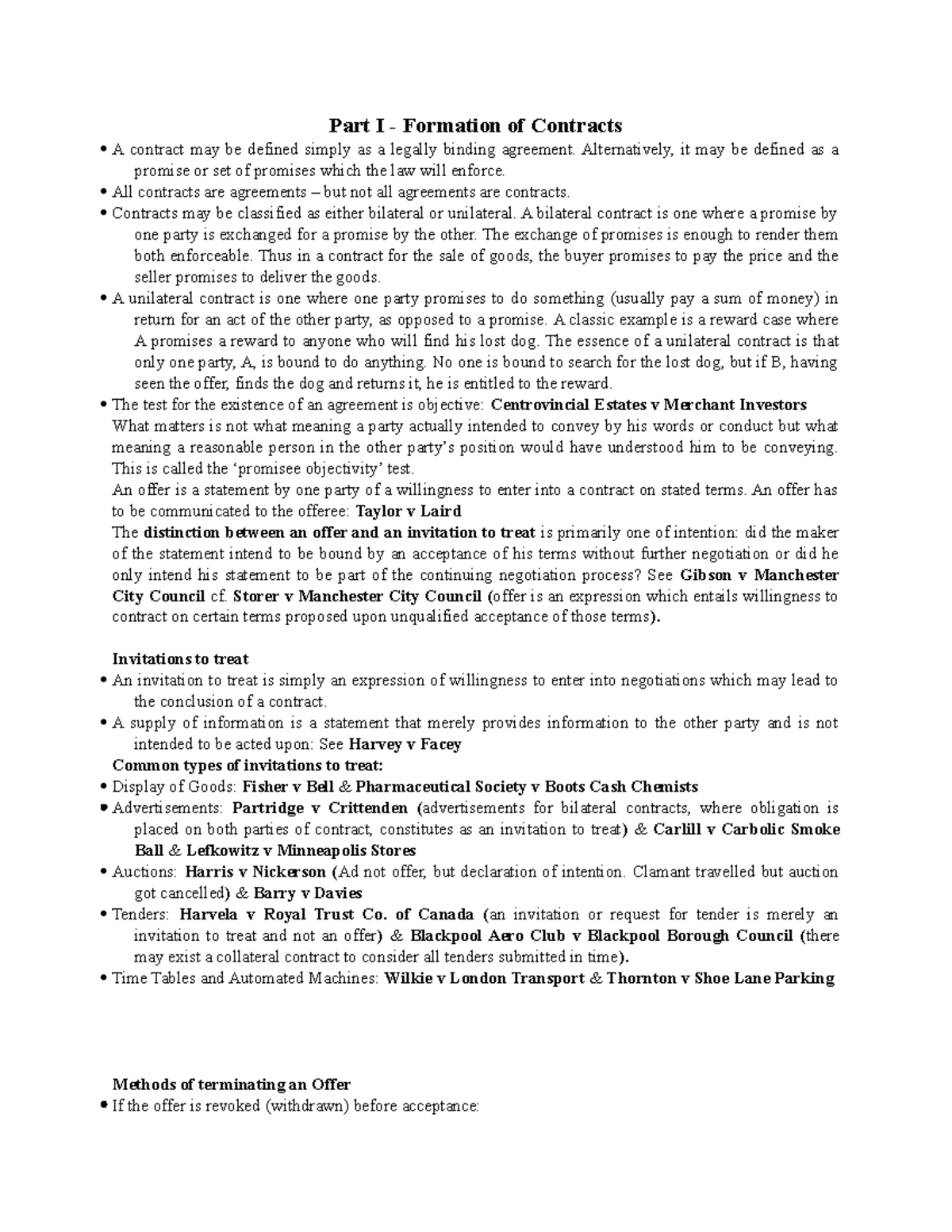 Notes short for Contract Law - Part I - Formation of Contracts A ...