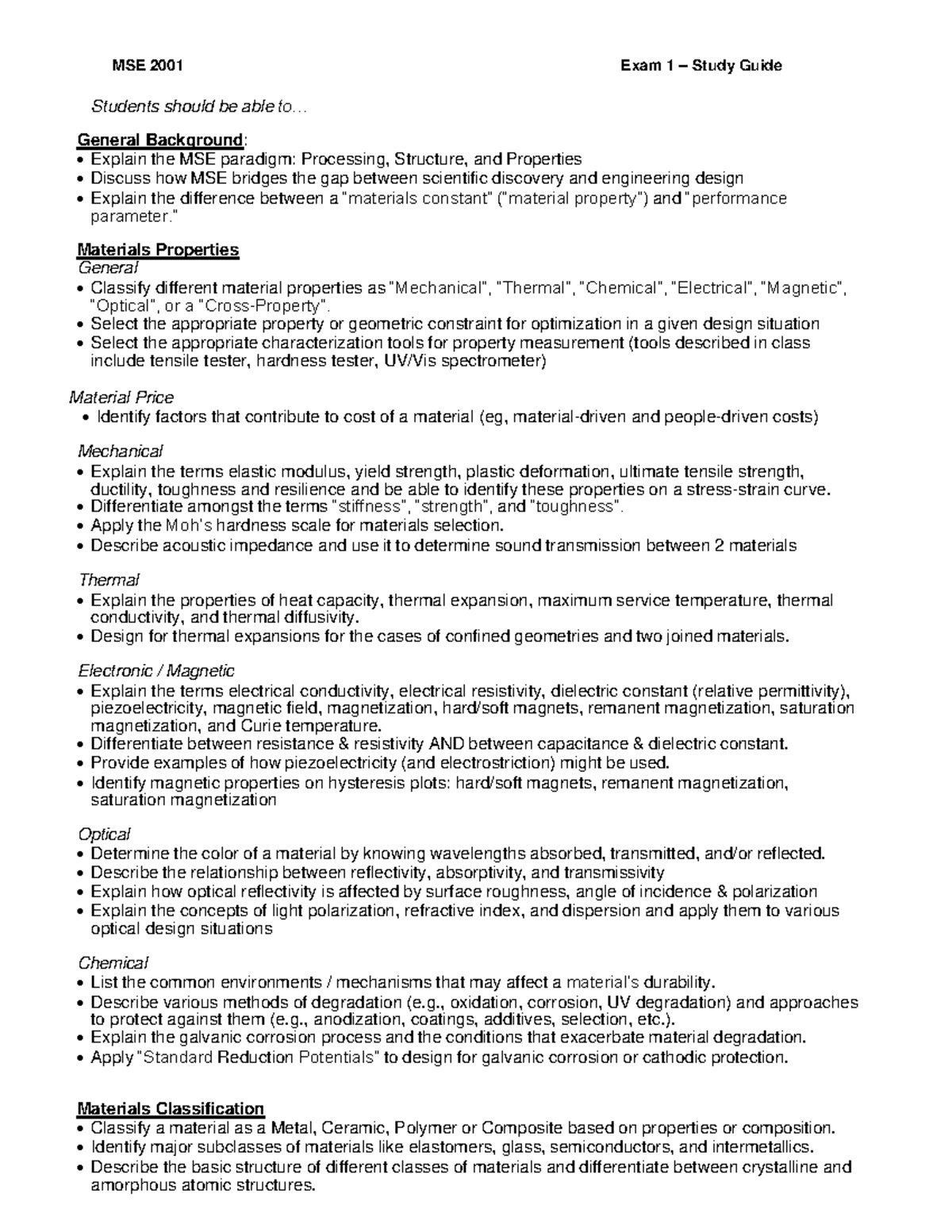 Exam 1 – Study Guide - Summary Prin&Appl-Engr Materials - MSE 2001 Exam ...