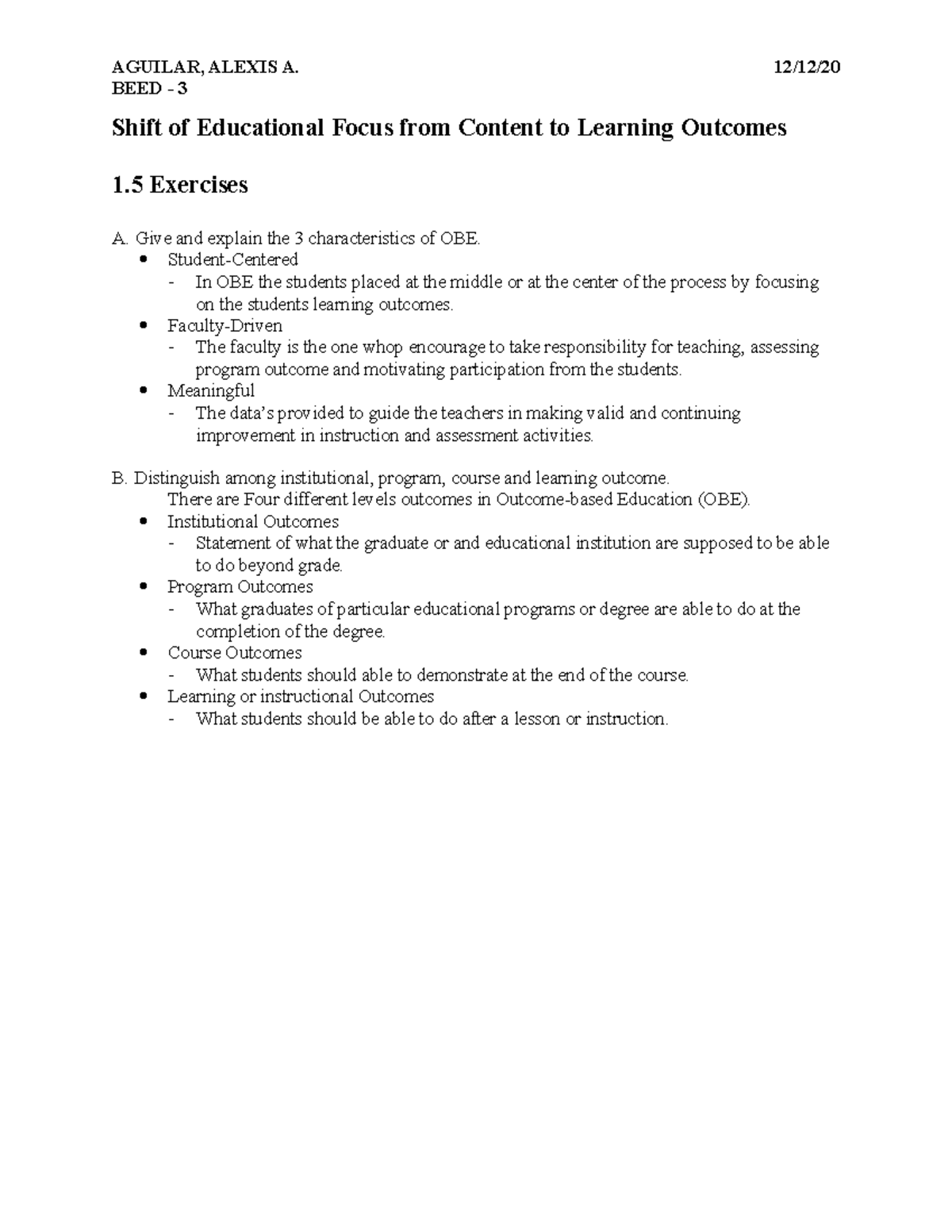 490455208 Shift of Educational Focus from Content to Learning Outcomes docx - BEED - 3 Shift of ...