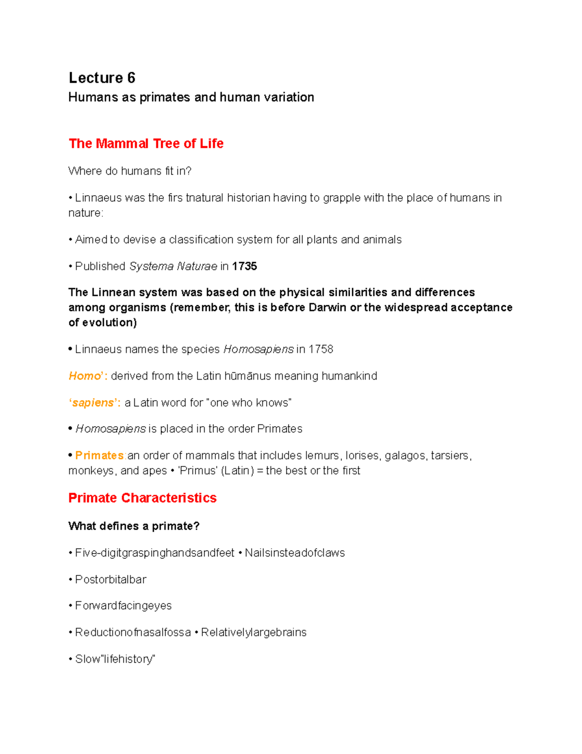 Lecture 6 - Lecture 6 Humans as primates and human variation The Mammal ...