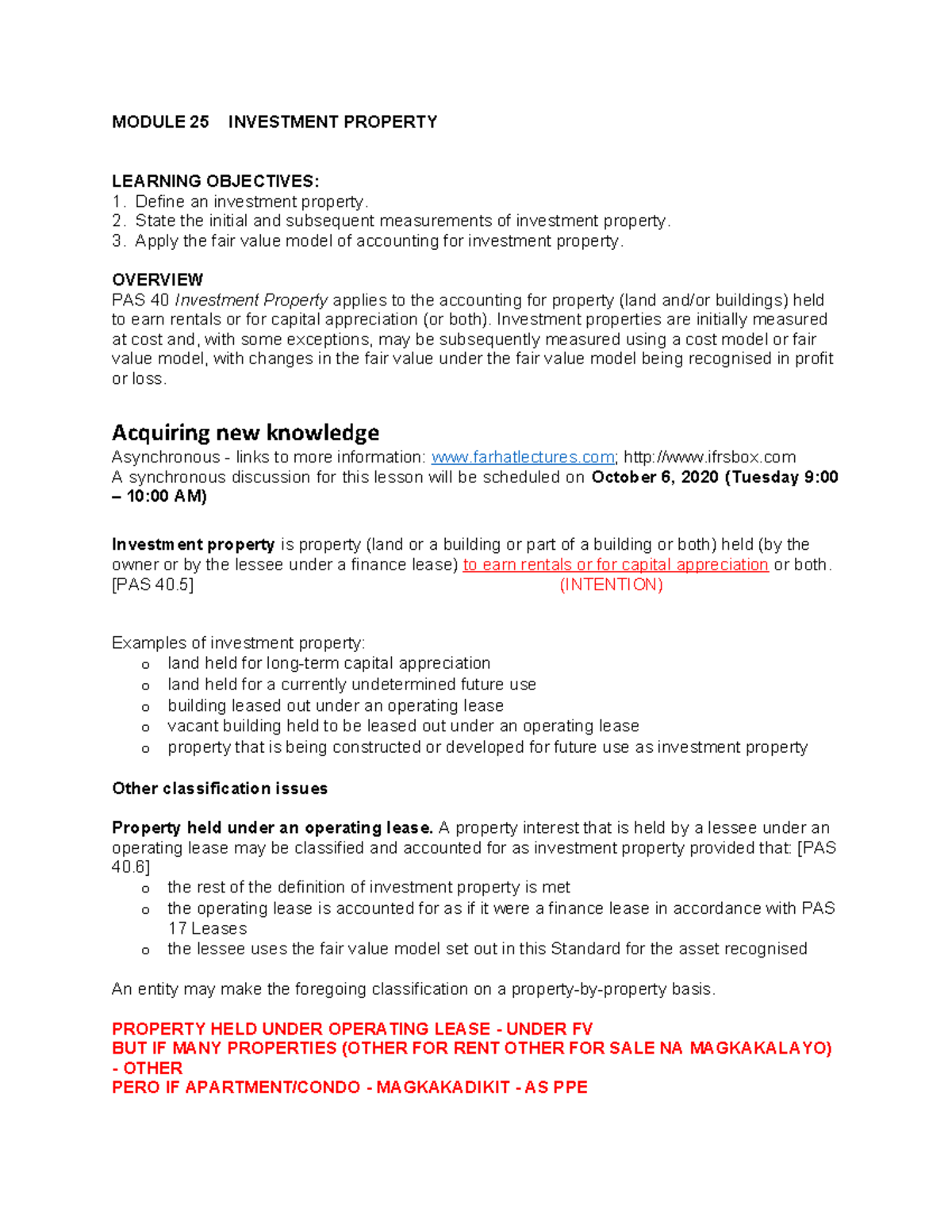 Toaz - .......... - MODULE 25 INVESTMENT PROPERTY LEARNING OBJECTIVES ...