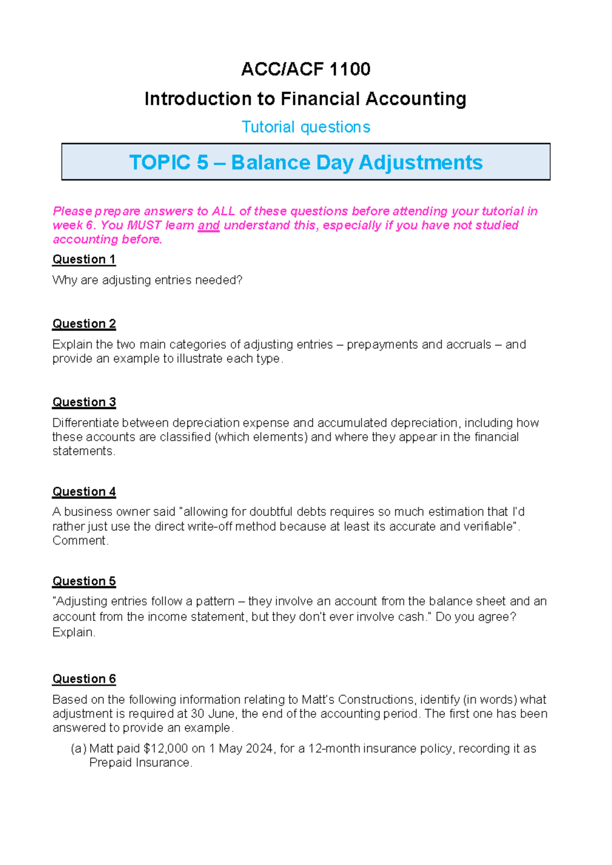 ACC:ACF 1100 Introduction to Financial Accounting Tutorial questions ...