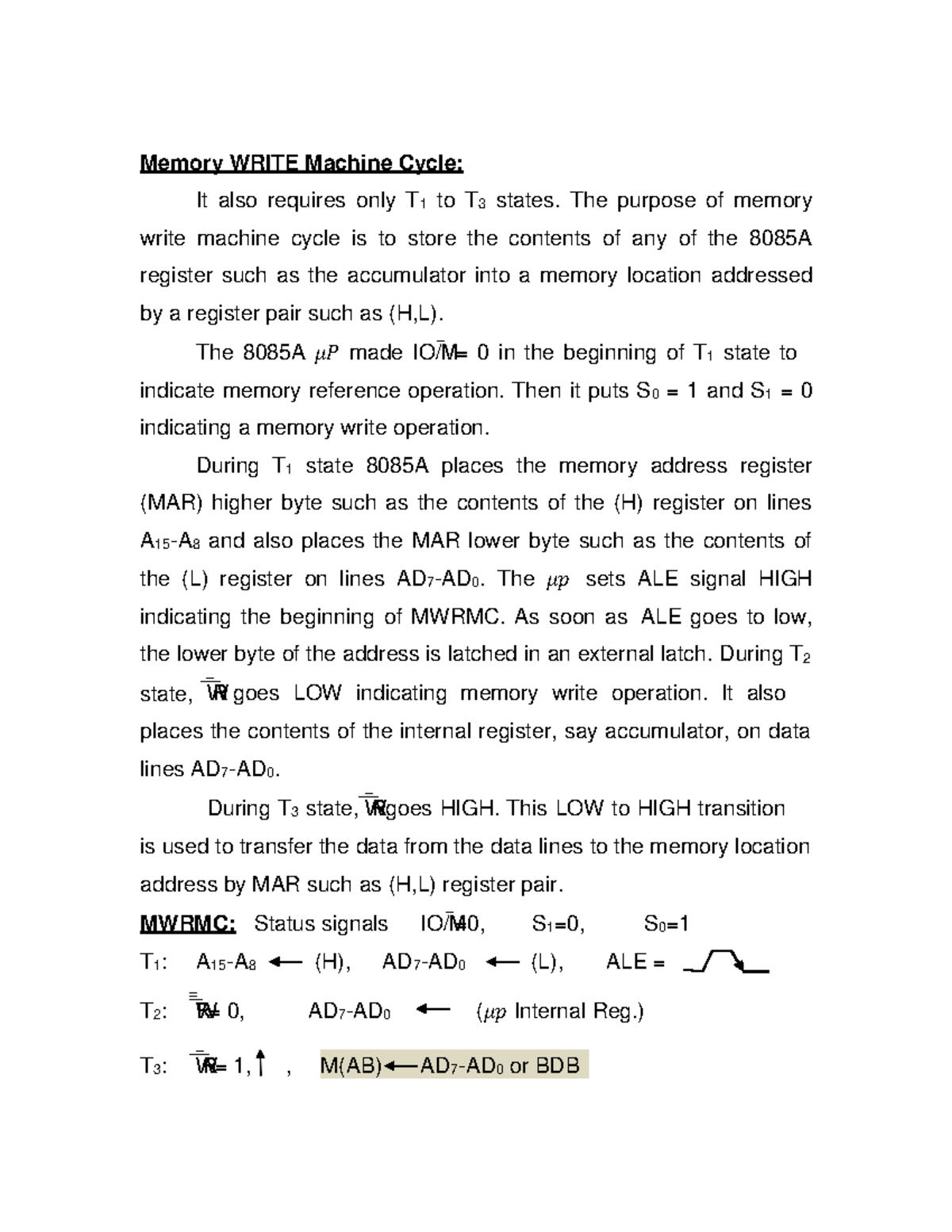 Computer Architecture Memory Write Machine Cycle It Also Requires Only T 1 To T 3 States The