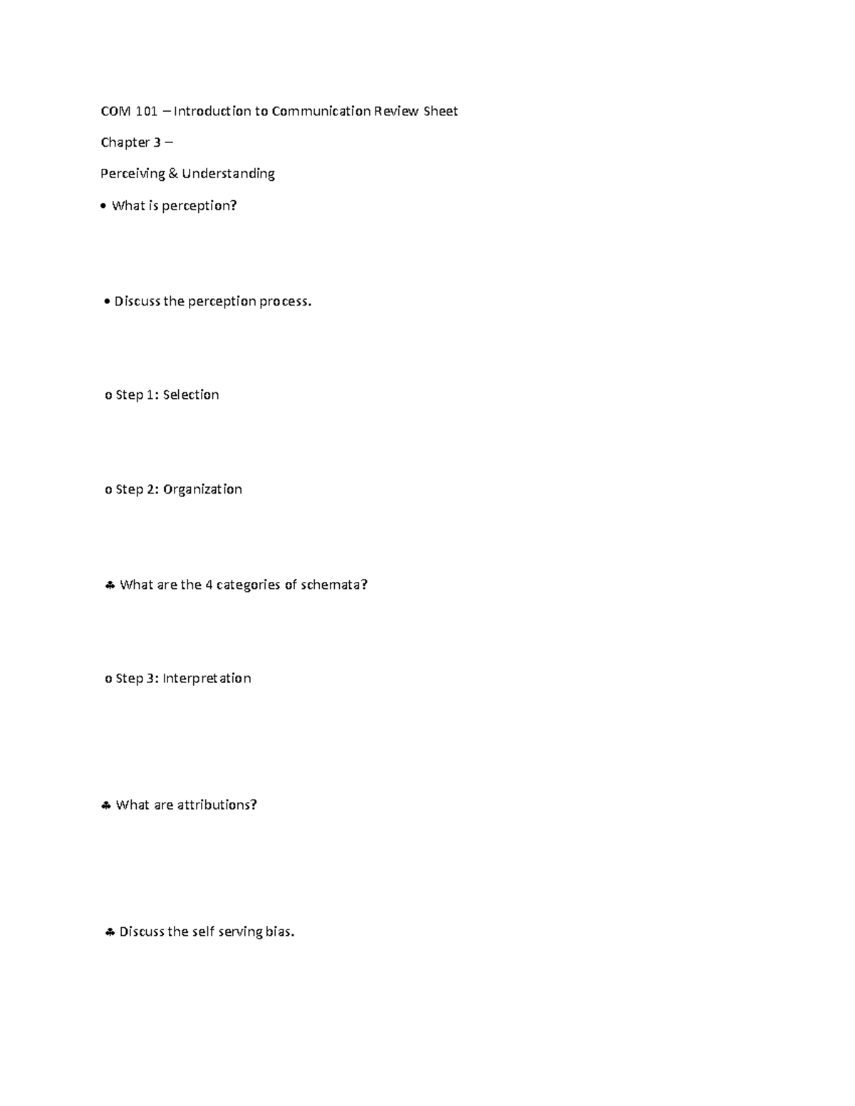 COM 101 week 3 review sheet - COM 101 – Introduction to Communication ...