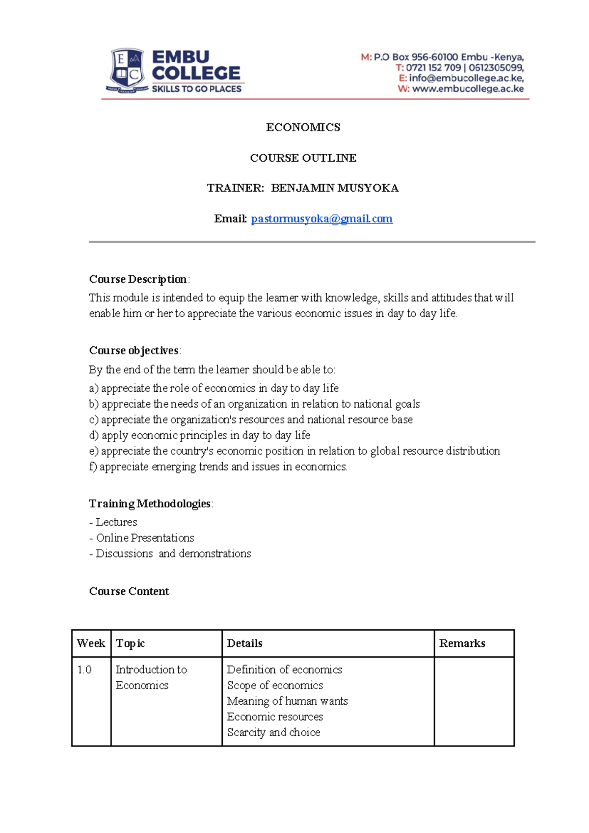 Course Outline - Economics - ECONOMICS COURSE OUTLINE TRAINER: BENJAMIN ...
