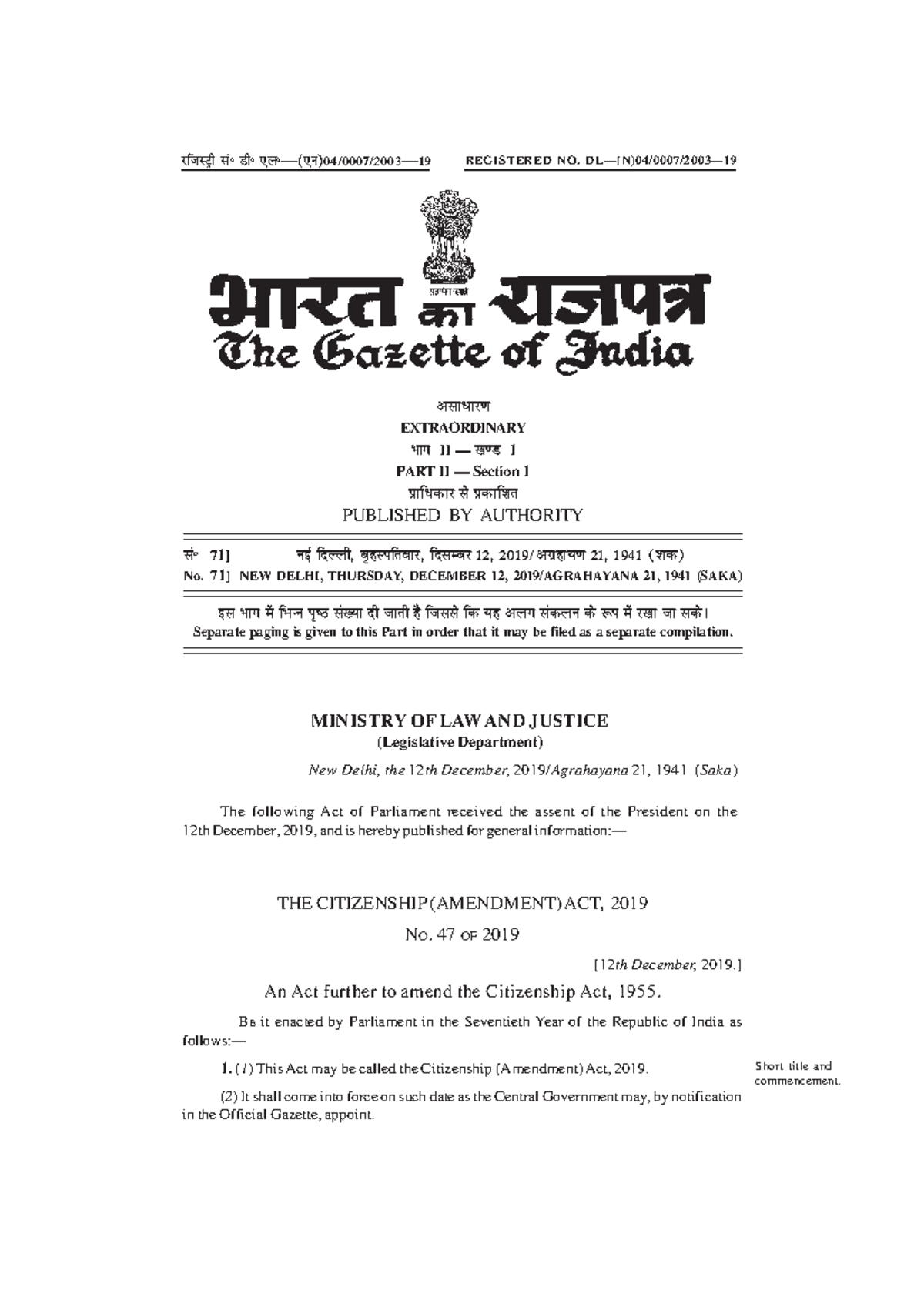 CAA - 1 THE CITIZENSHIP (AMENDMENT) ACT, 2019 NO. 47 OF 2019 [12 th ...
