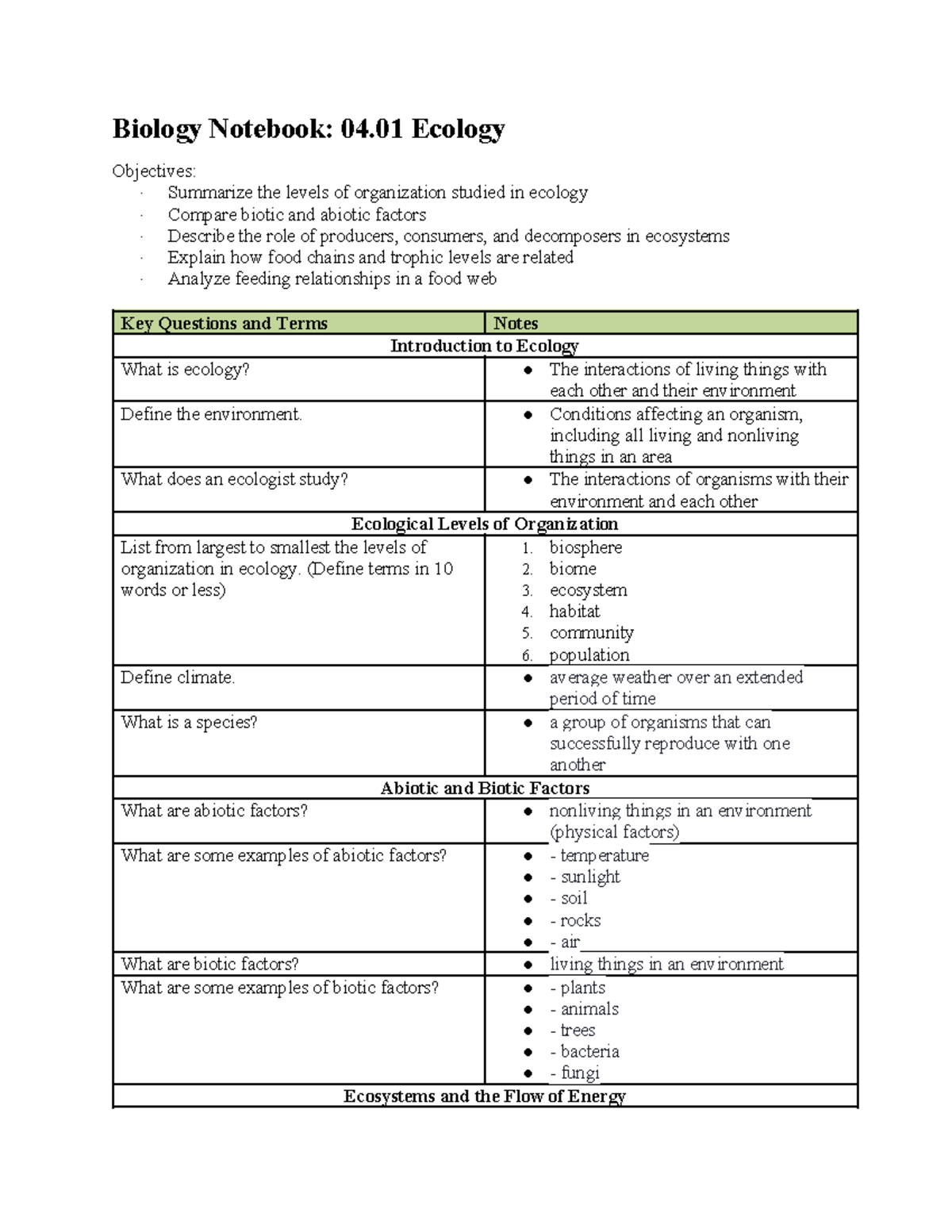 4.01 Ecology Notes - Biology Notebook: 04 Ecology Objectives: ∙ ...