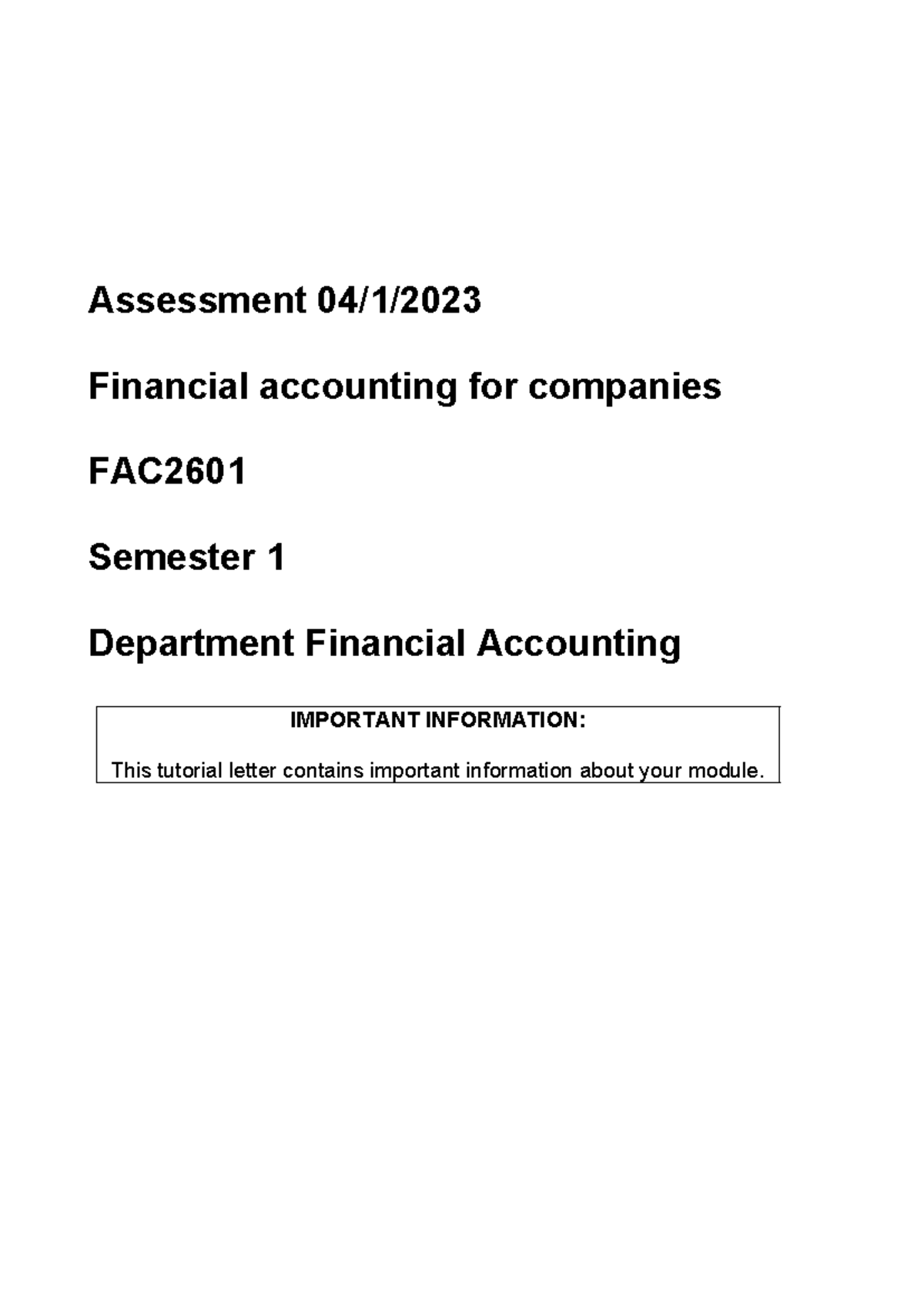 Solutions to questions assessment 4 - Assessment 04/1/202 3 Financial ...