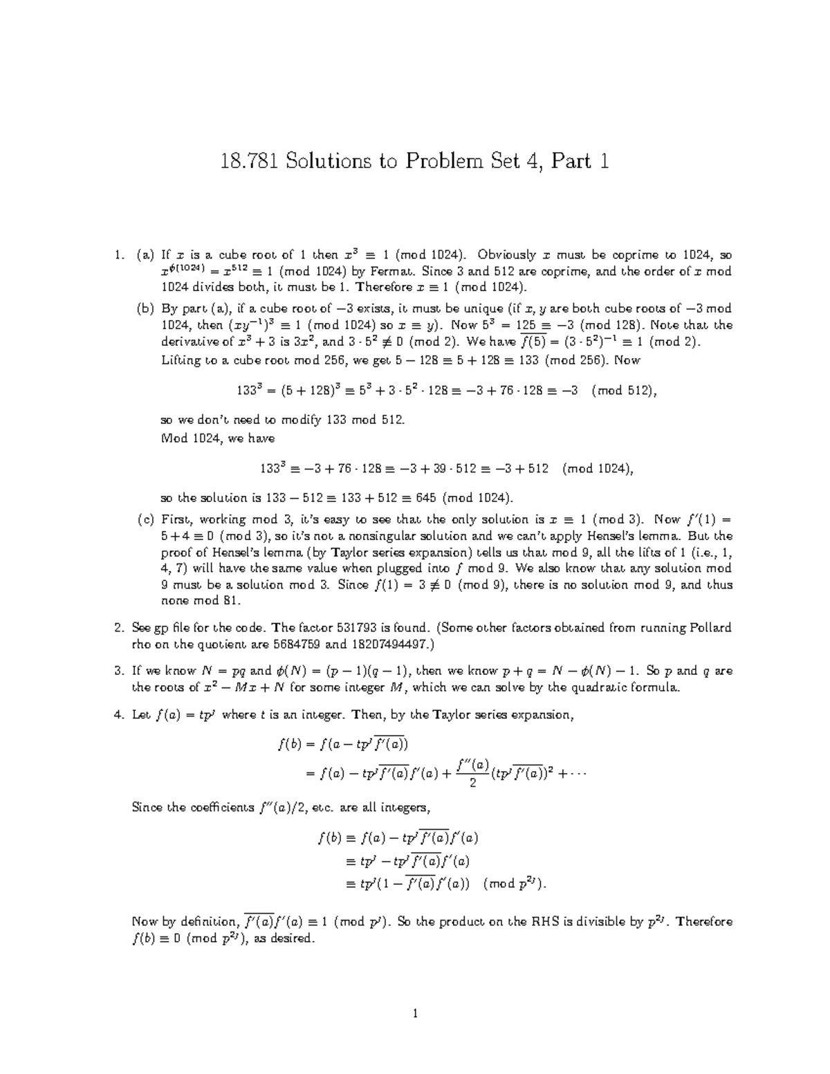 MIT18 781S12 pset4-1sol - 18 Solutions to Problem Set 4, Part 1 (a) If x is a cube root of 1 ...
