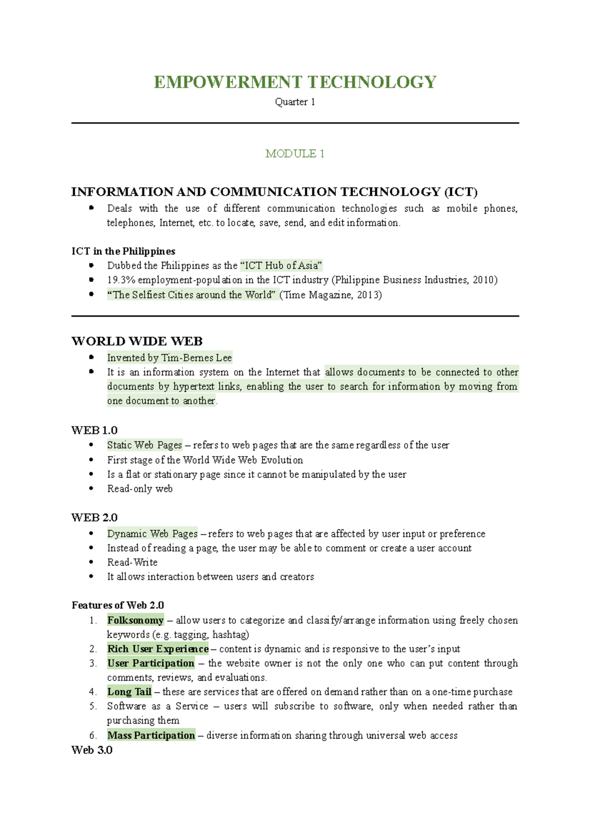 Empowerment Technology - EMPOWERMENT TECHNOLOGY Quarter 1 MODULE 1 INFORMATION AND COMMUNICATION ...