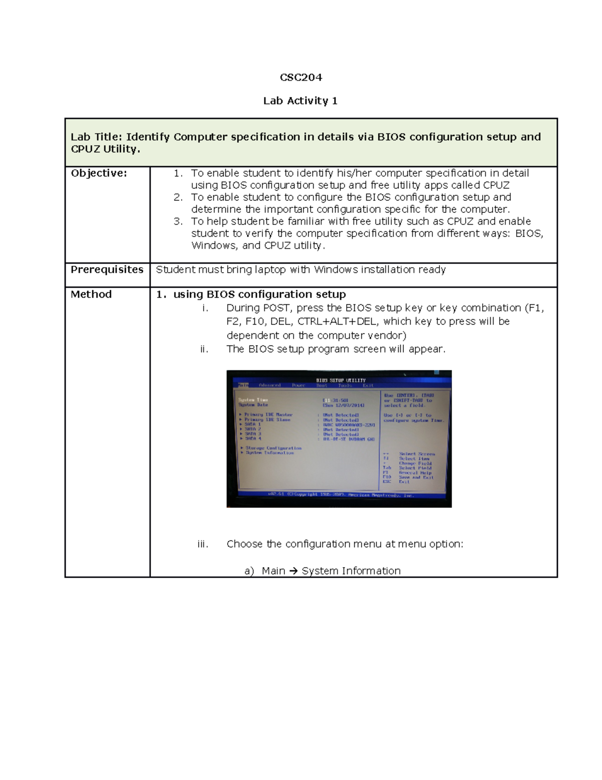 Lab 1 Identify Computer Specification (BIOS and CPUZ) OCT2022 - CSC Lab ...