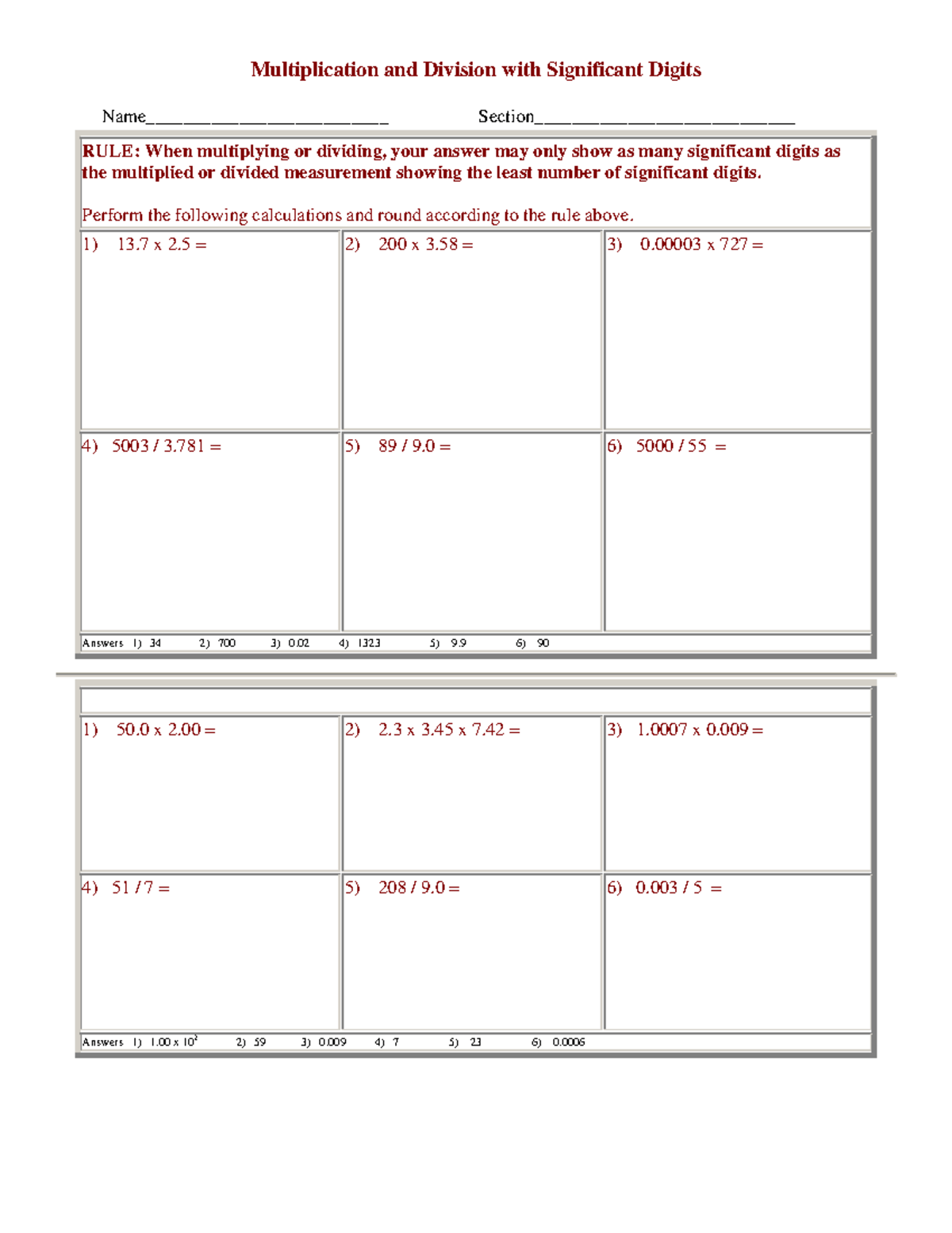 Ex pract mult divd with sig figs - Multiplication and Division with ...