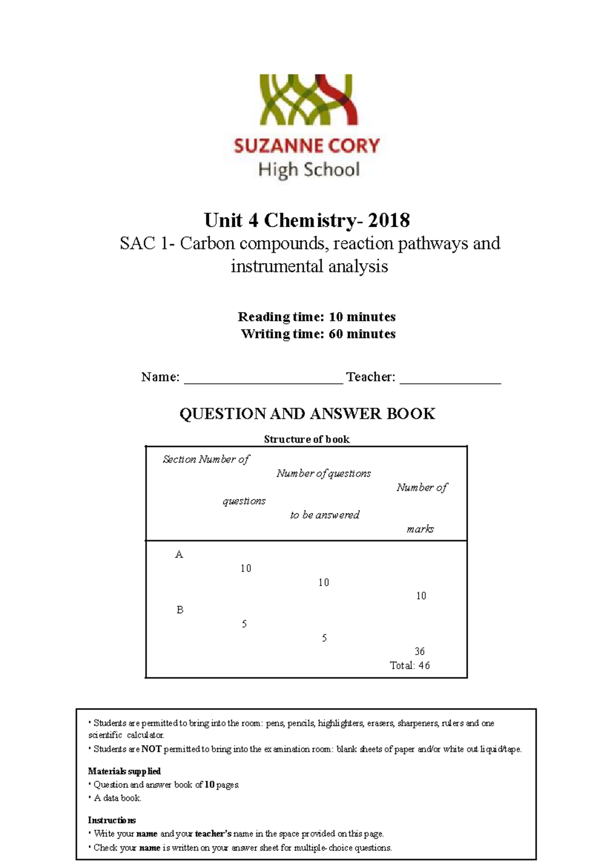 Unit 4 SAC 1 Chemistry 2018 Final - Unit 4 Chemistry- 2018 SAC 1 ...