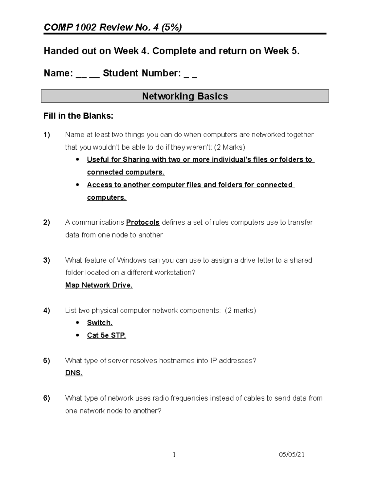 Review Assignment 4 - Comp1002 - COMP 1002 Review No. 4 (5%) Handed out on Week 4. Complete and ...