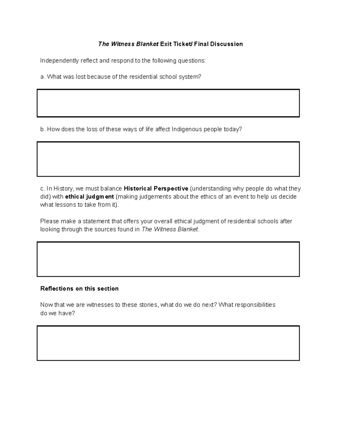 The Witness Blanket Exit Ticket Final Discussion - The Witness Blanket ...