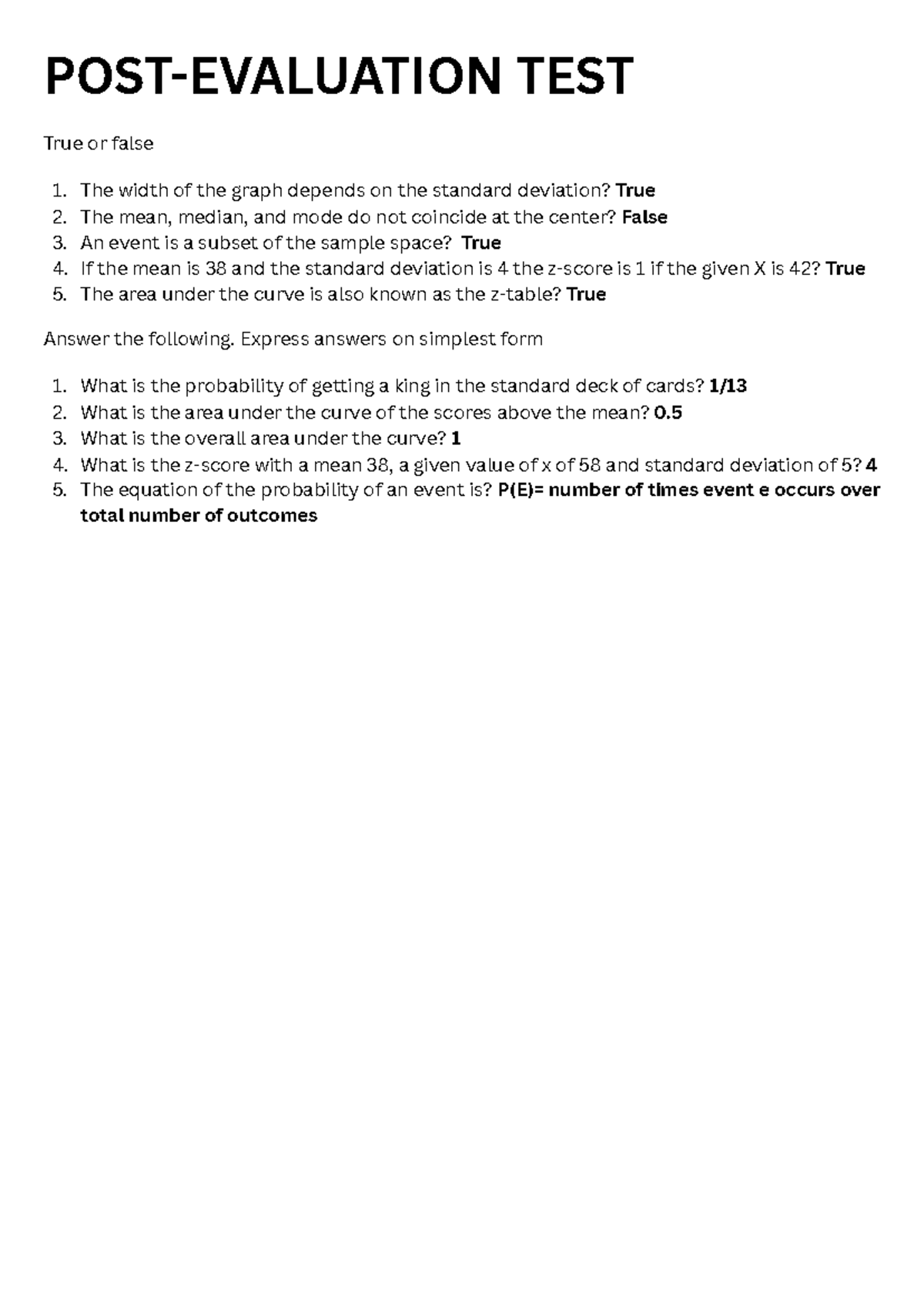 POST- Evaluation-TEST - POST-EVALUATION TEST True or false Answer the ...