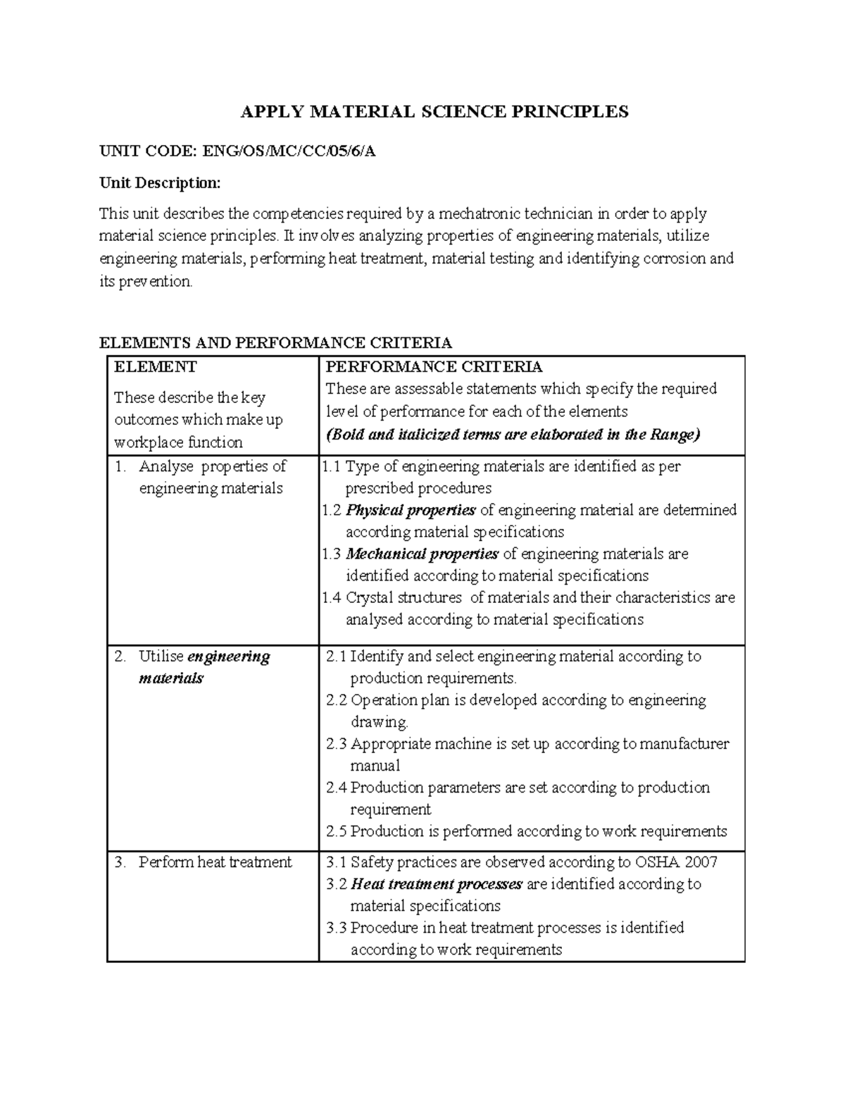 Apply Material Science Principles - APPLY MATERIAL SCIENCE PRINCIPLES UNIT CODE: ENG/OS/MC/CC/05 ...