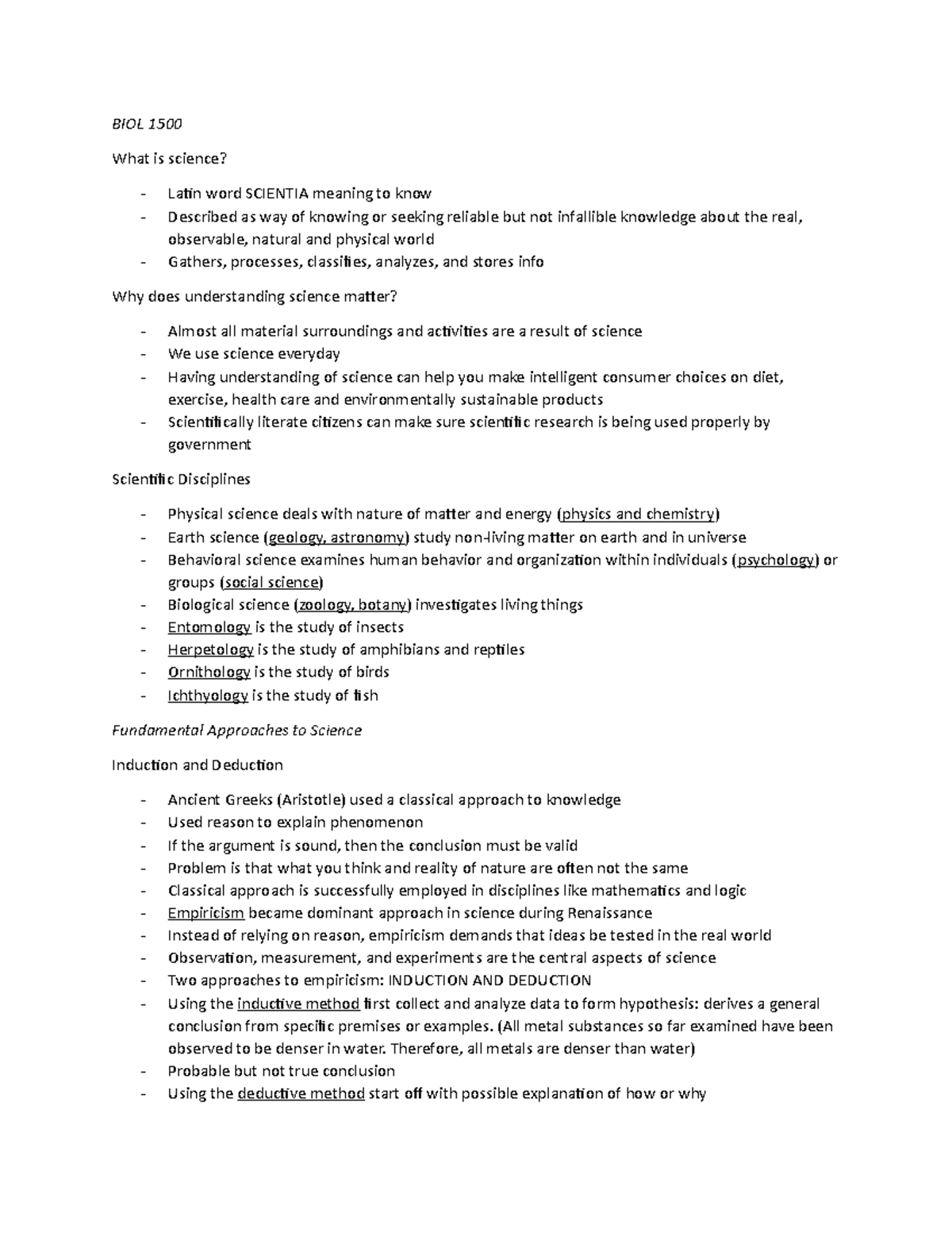 BIOL 1500 notes - BIOL 1500 What is science? Latin word SCIENTIA ...