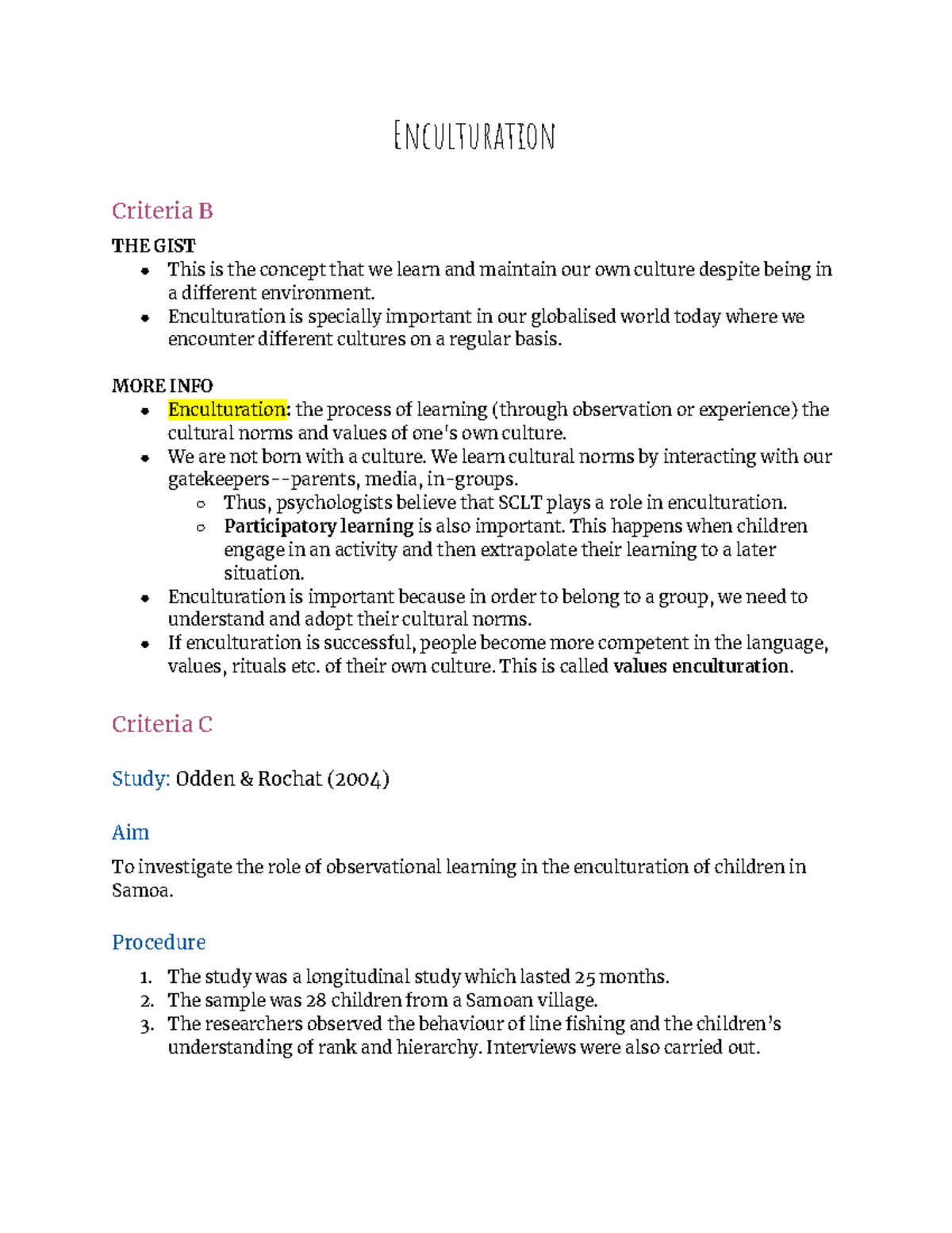 Enculturation and acculturation note taking - Enculturation Criteria B ...