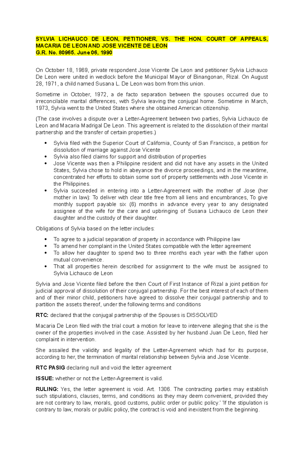 Article 1 of the Family Code Case Digest - SYLVIA LICHAUCO DE LEON ...