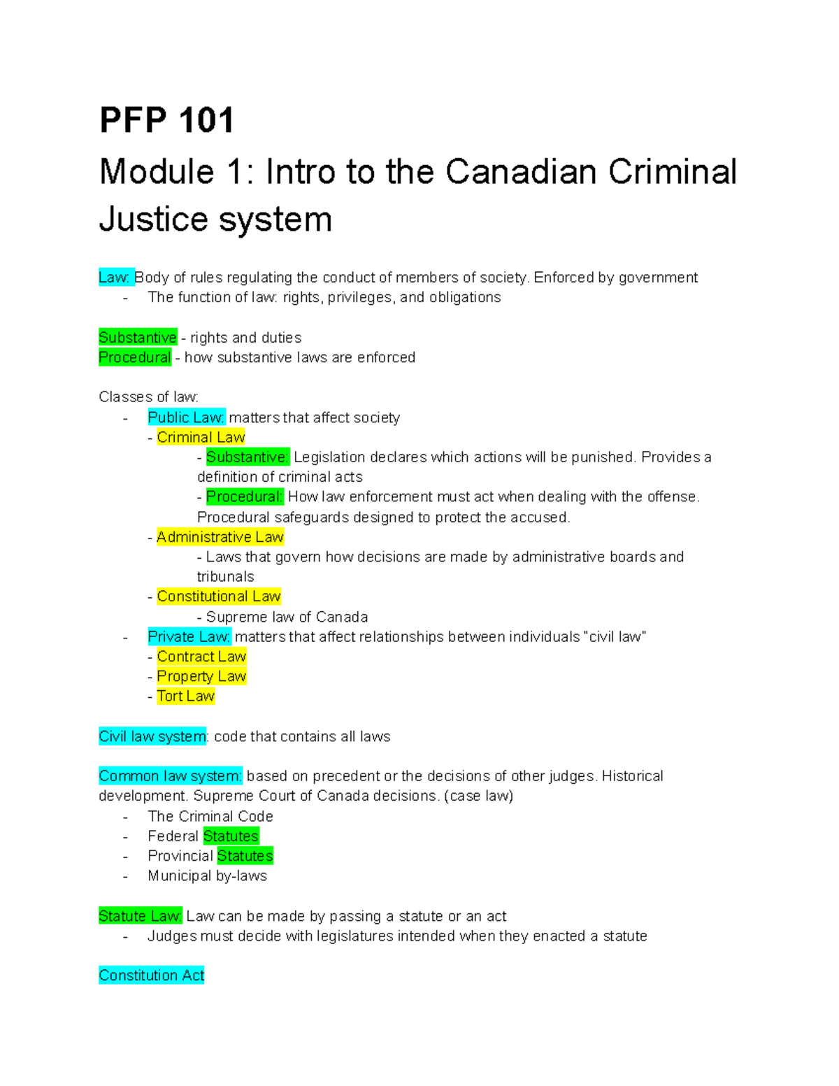 PFP 101 Notes - PFP 101 Module 1: Intro to the Canadian Criminal ...