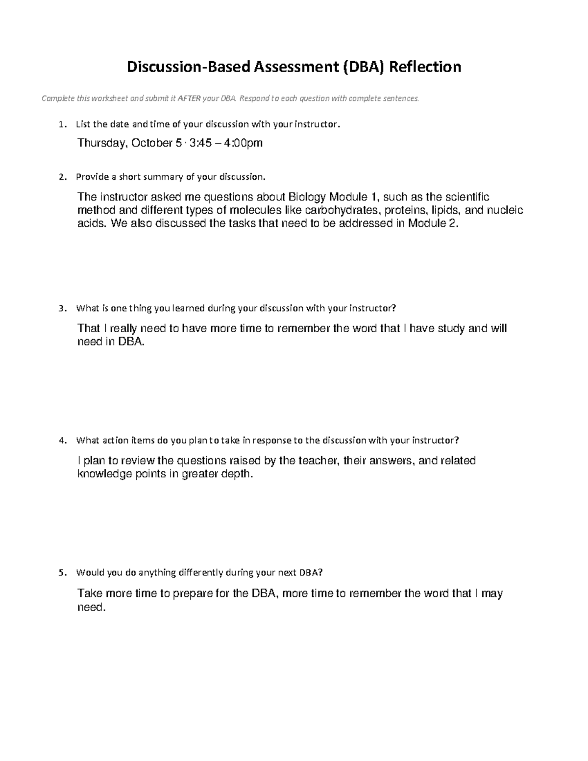 DBA Reflection Worksheet Edit - Discussion-Based Assessment (DBA ...