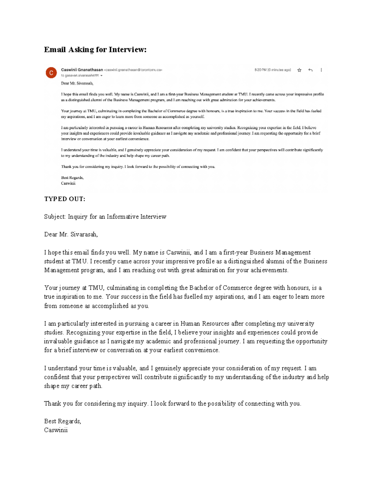 ENT 101 - Assignment #4 C - Email Asking for Interview: TYPED OUT ...