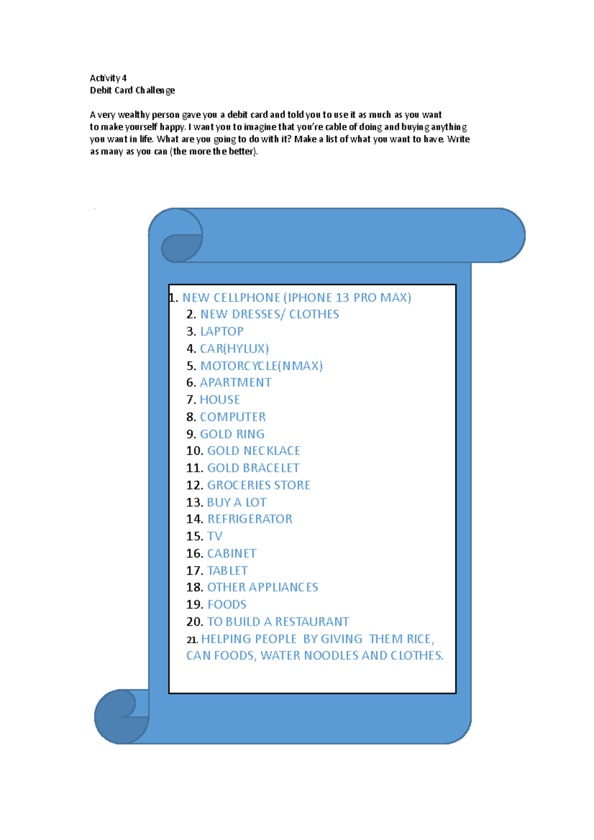 Rascal, Johana Activity 4 - Activity 4 Debit Card Challenge A very ...