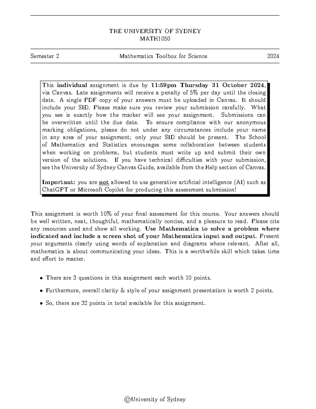 Assign 3 - THE UNIVERSITY OF SYDNEY MATH Semester 2 Mathematics Toolbox ...