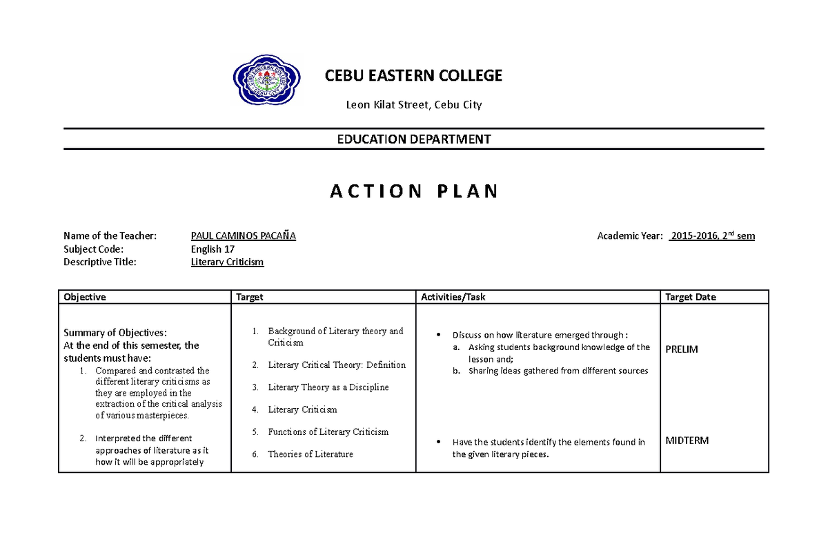Action plan Literary Criticism - CEBU EASTERN COLLEGE Leon Kilat Street ...