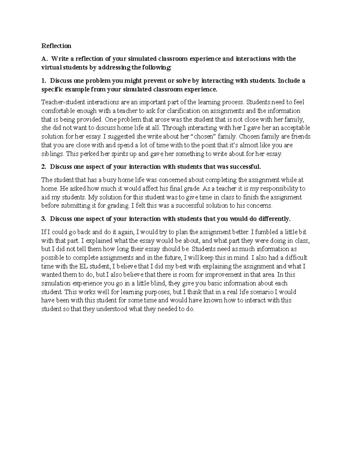 Simulation reflection - Reflection A. Write a reflection of your ...