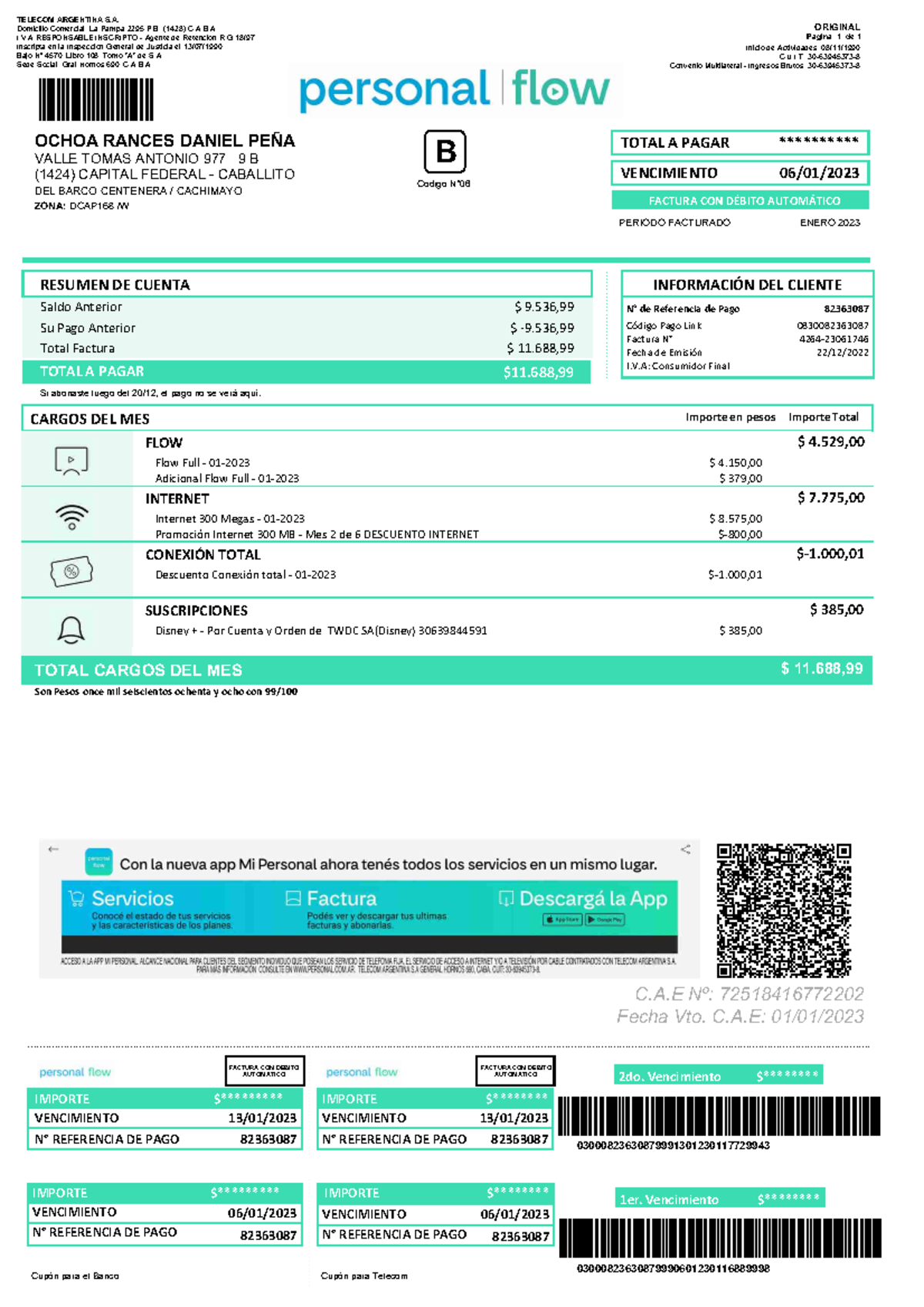 Factura Internet - ASAd - TELECOM ARGENTINA S. Domicilio Comercial: La ...