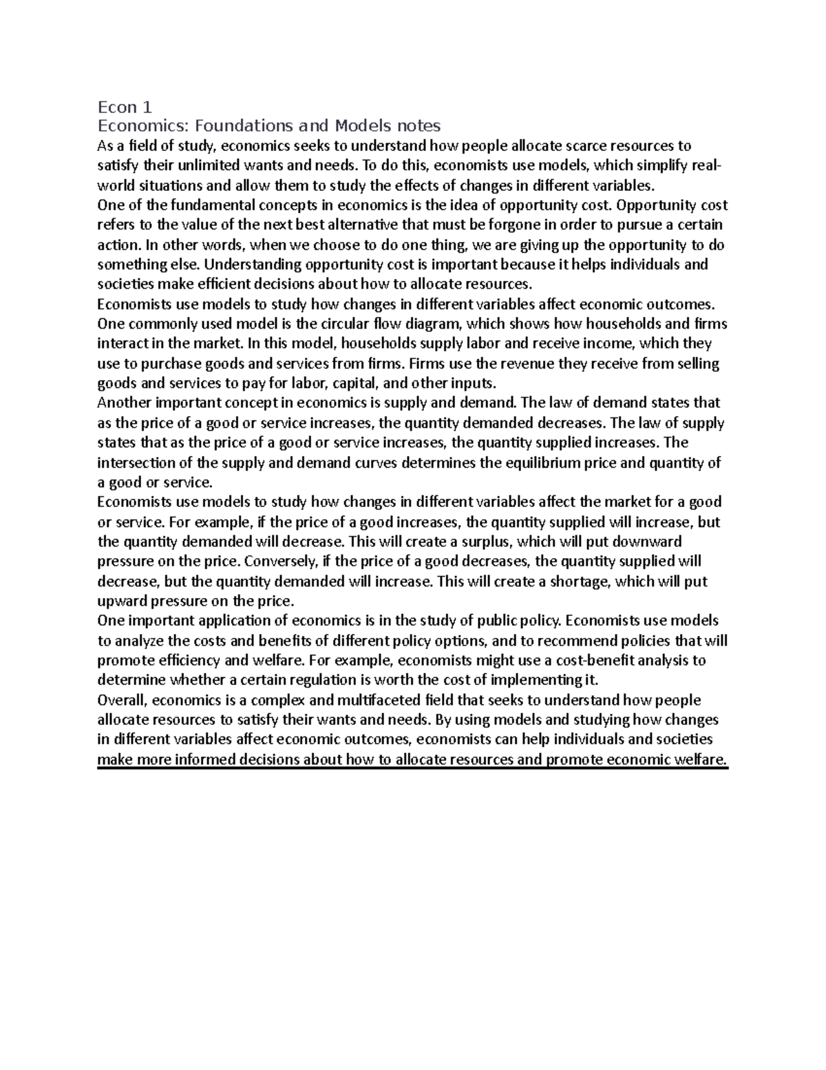 Econ 1 - essay - Econ 1 Economics: Foundations and Models notes As a ...
